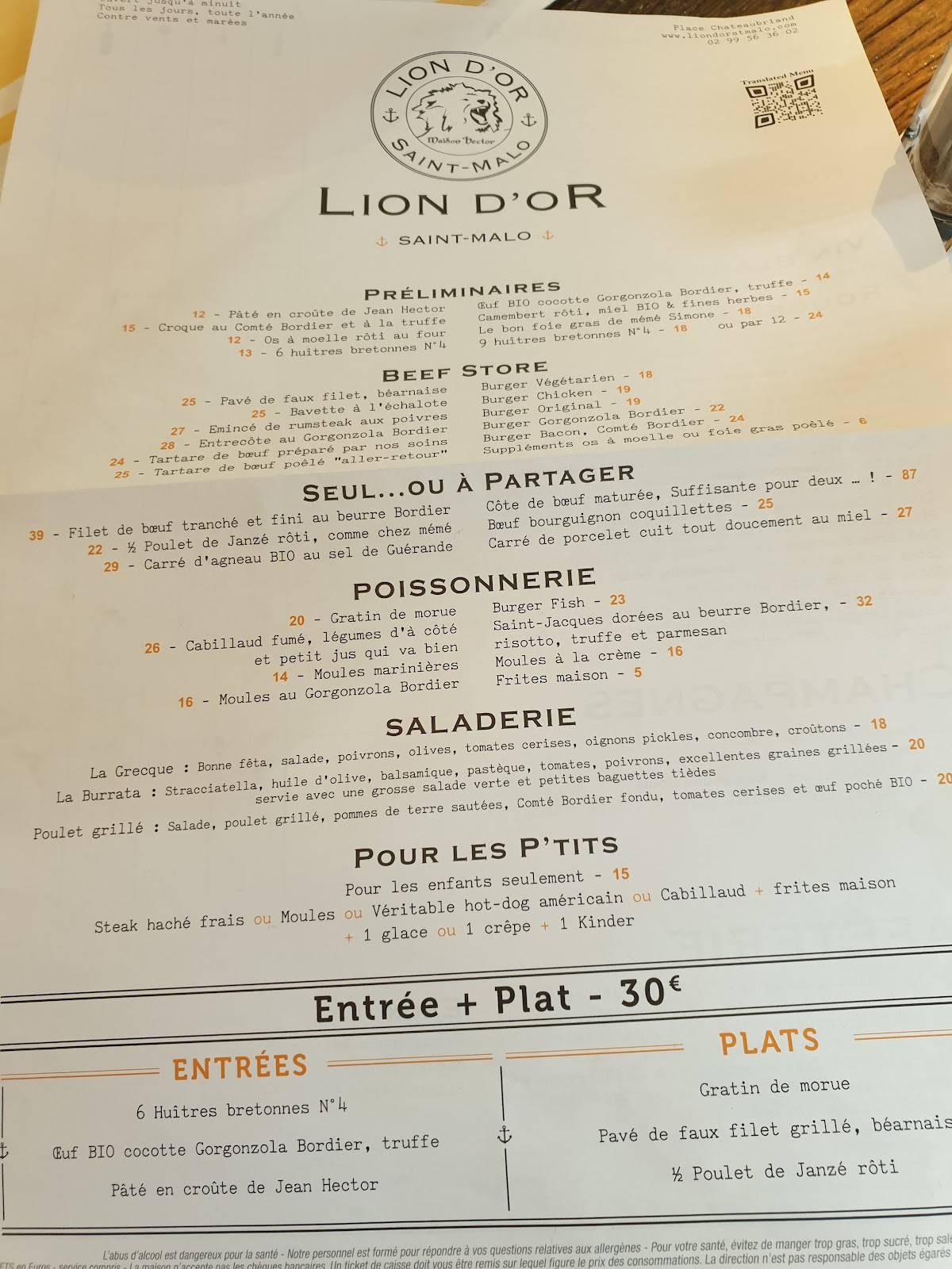 Menu at Brasserie du Lion D'Or restaurant, St-Malo, 1 Pl. Chateaubriand