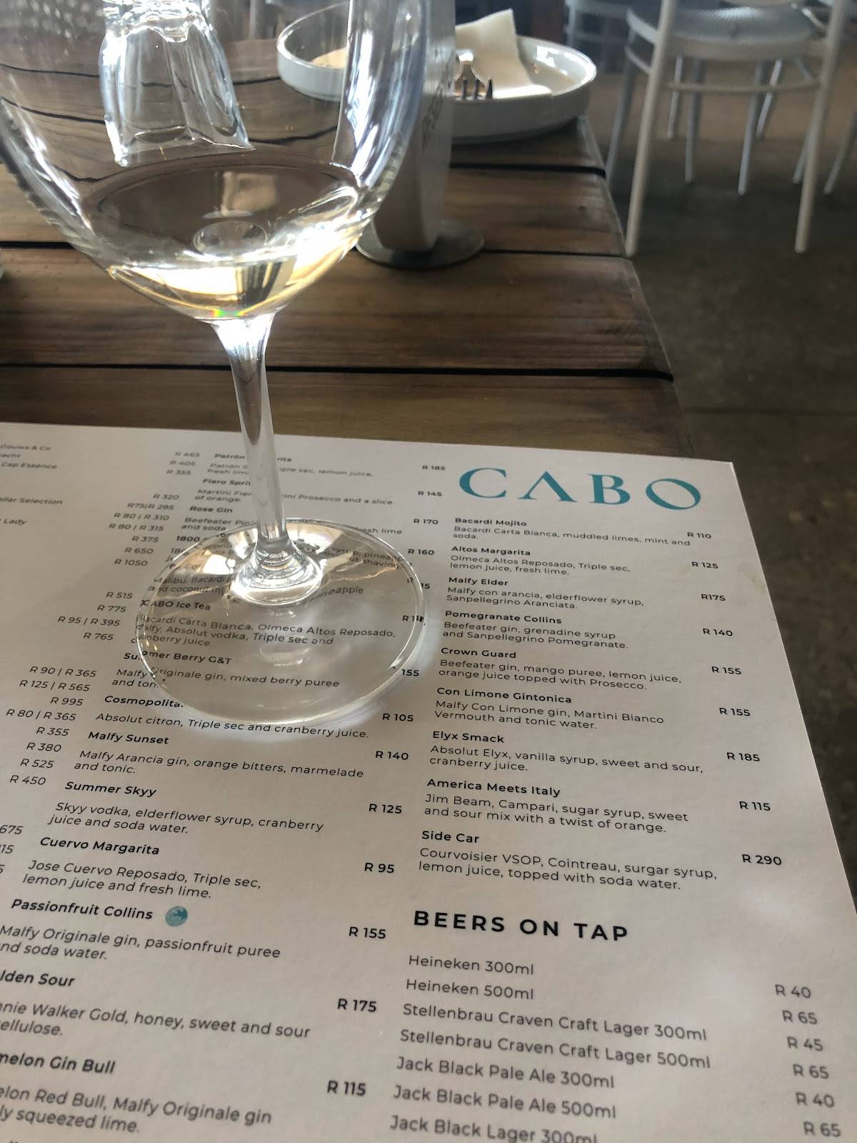 Menu at Cabo Beach Club, Cape Town