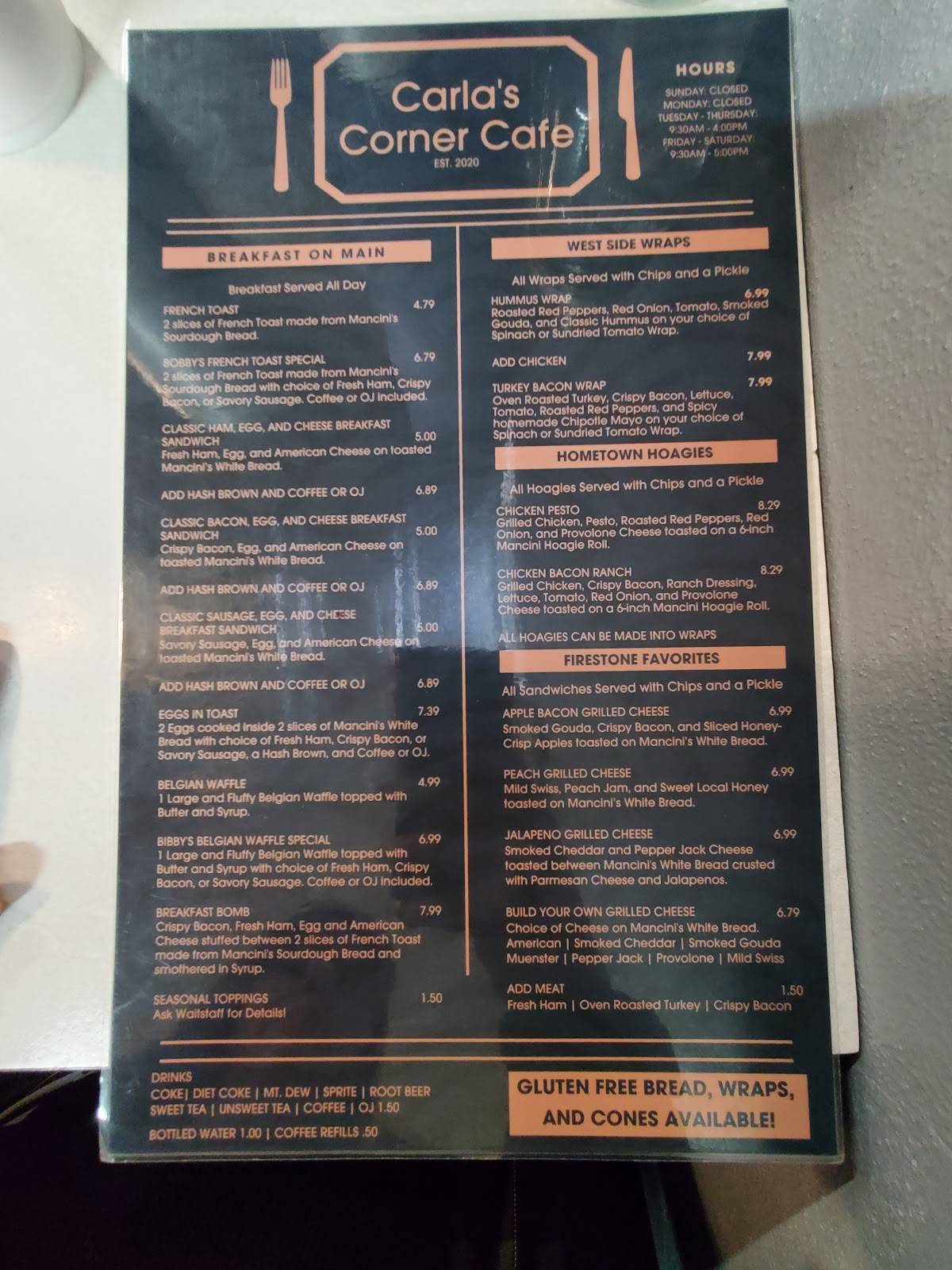 Menu at Carla's Corner Cafe, Columbiana