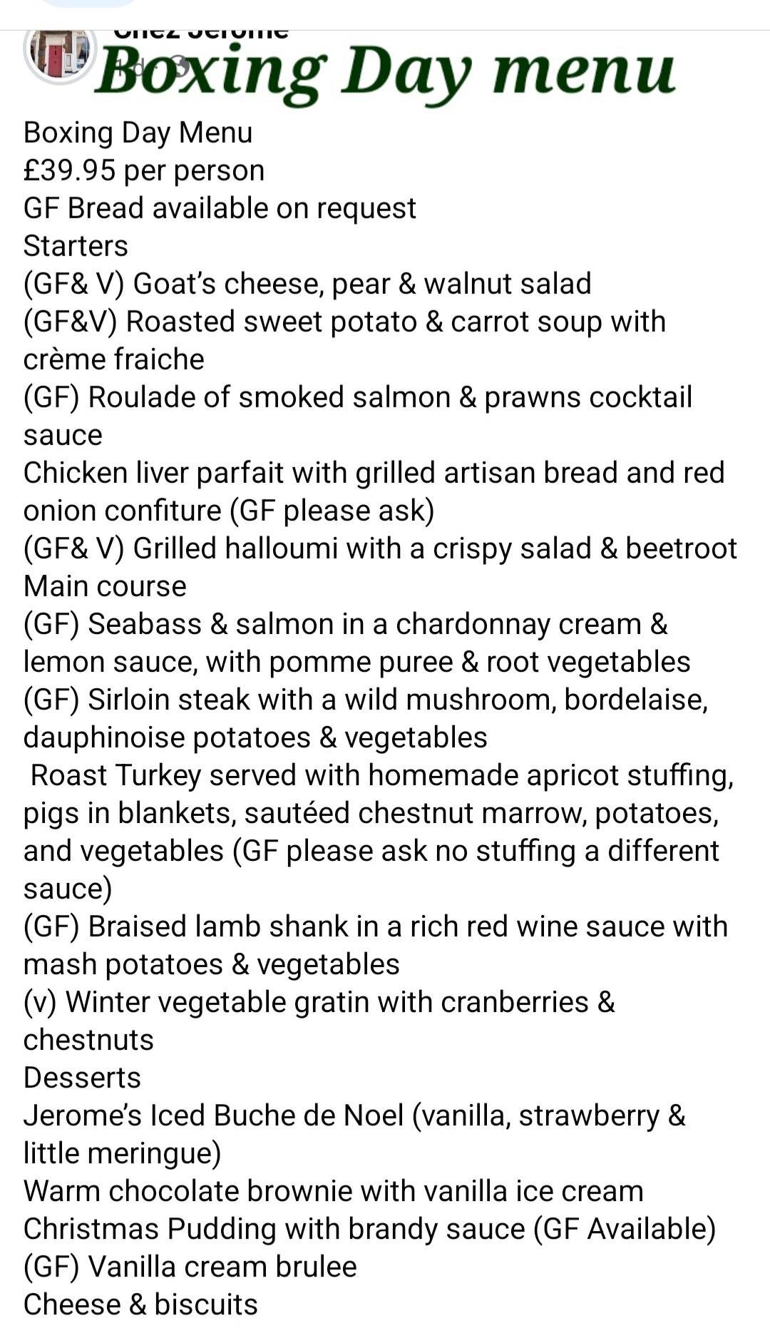 Menu at Chez Jerome restaurant, Dunstable