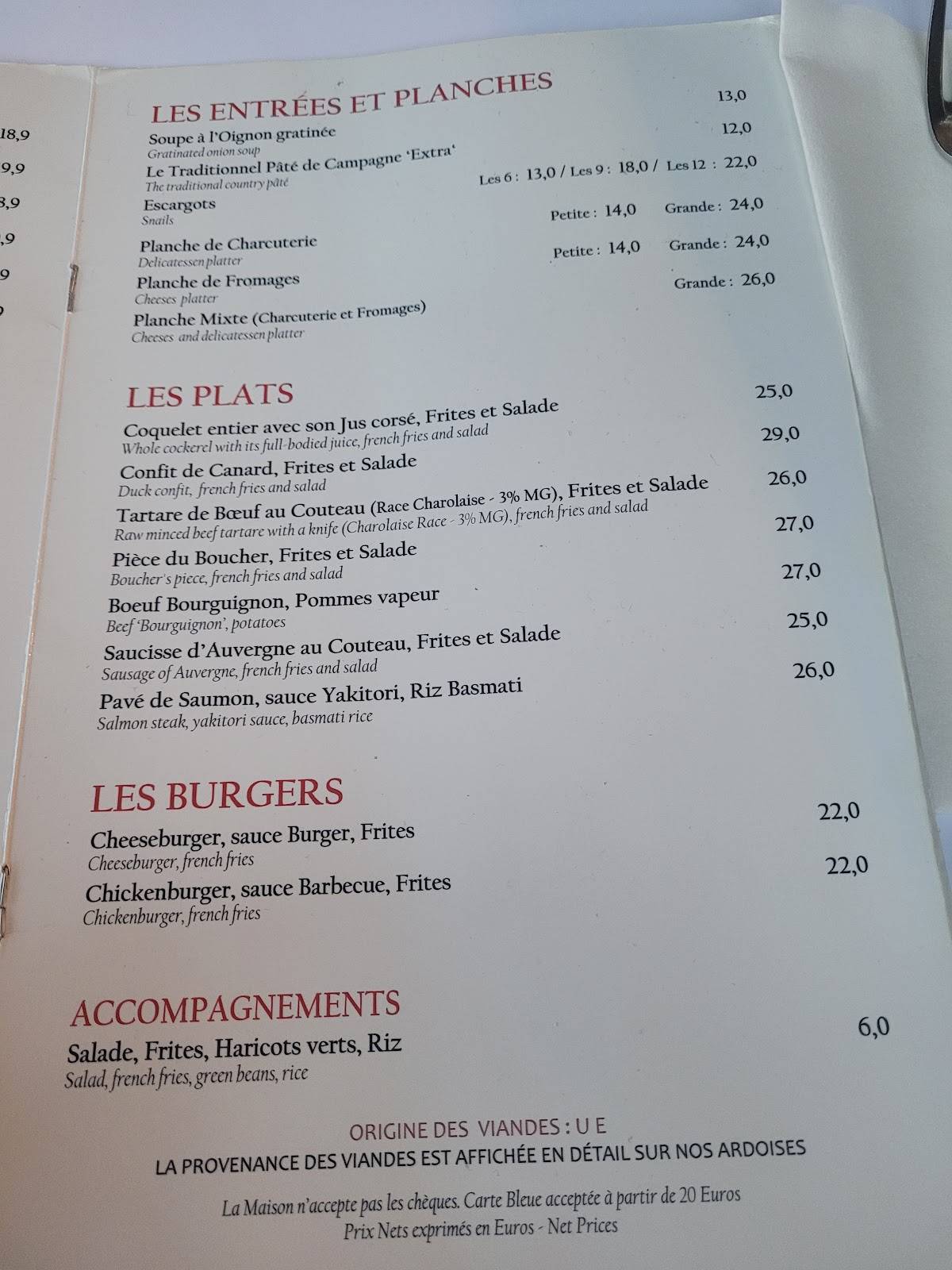Carta de Restaurant Chez Ribe, Paris