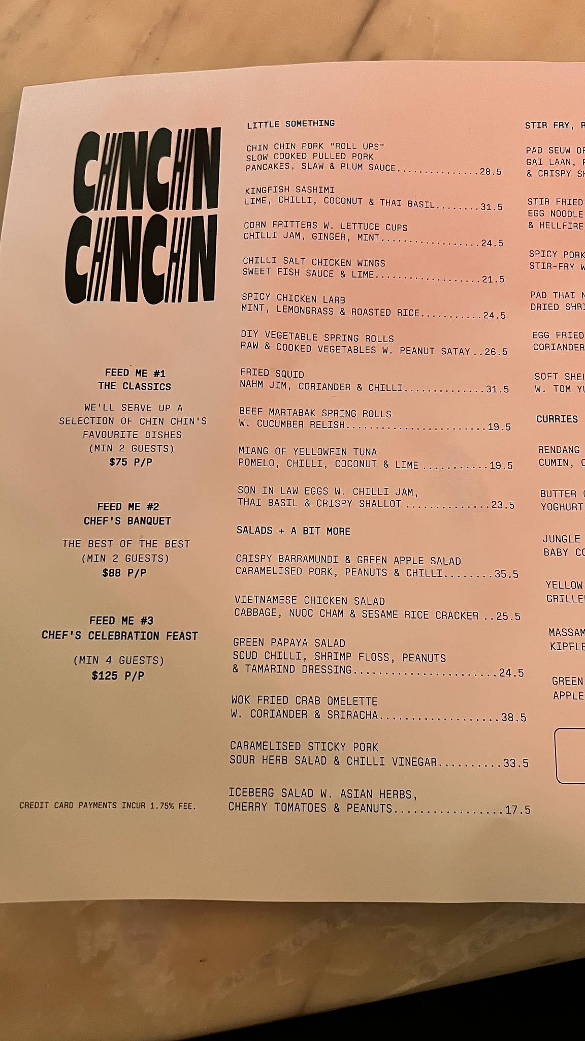 Menu at Chin Chin restaurant, Melbourne