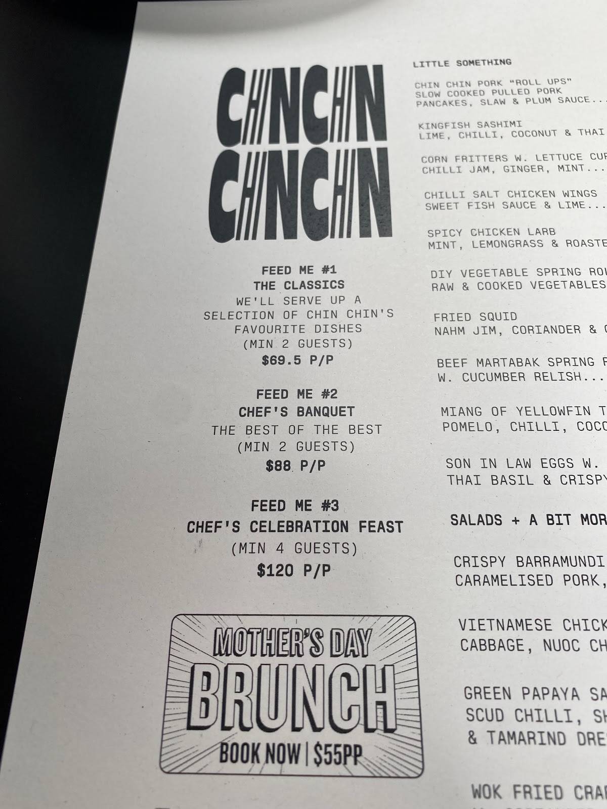 Menu at Chin Chin restaurant, Melbourne