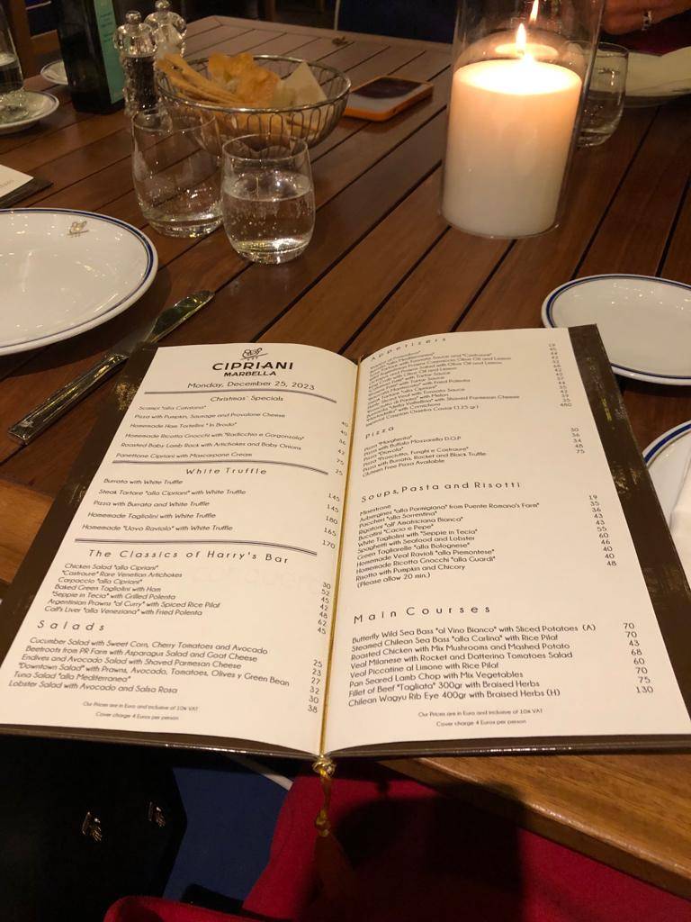 Menu at Cipriani Marbella restaurant, Marbella