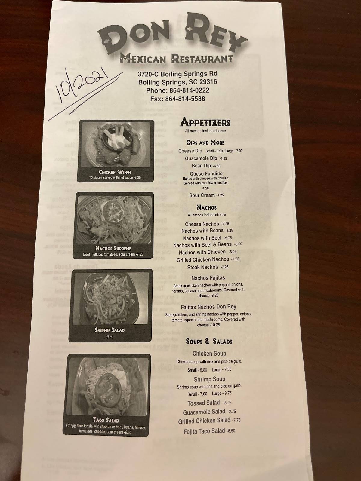 Menu at Don Rey Mexican Restaurant, Boiling Springs