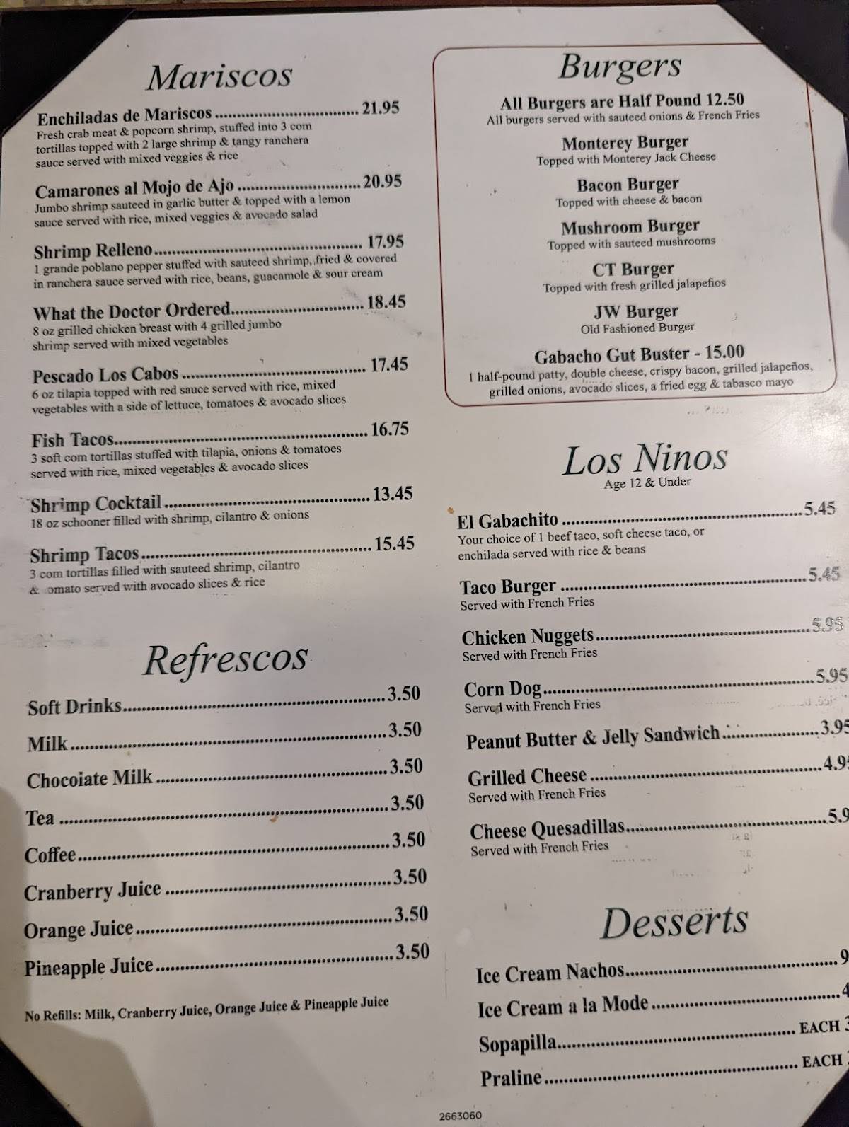 Menu at El Gabacho Tex-Mex Grill restaurant, Arlington