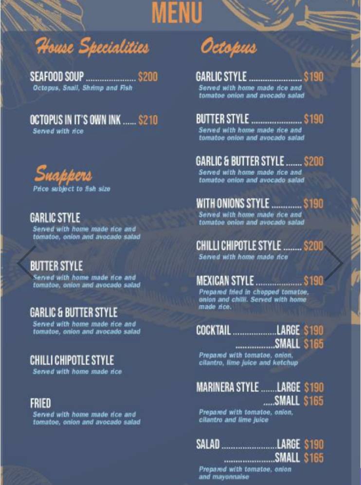Carta del restaurante El Grillo Marinero, Crucecita