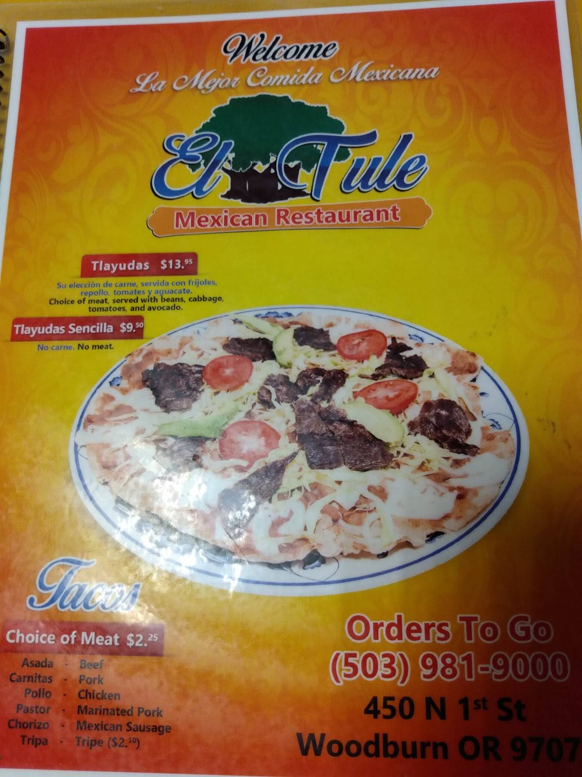Menu at El Tule Taqueria restaurant, Woodburn