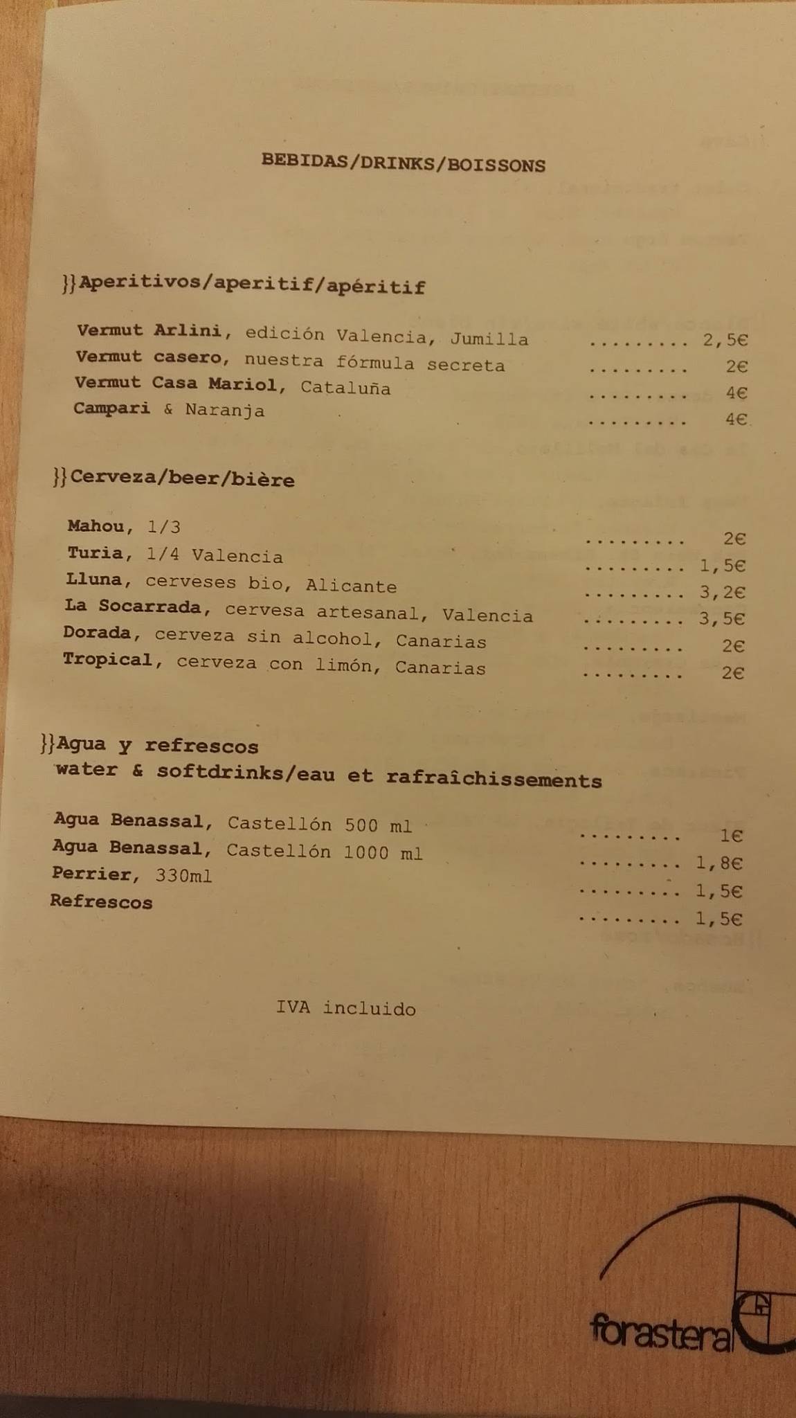 Menu at Forastera restaurant, Valencia