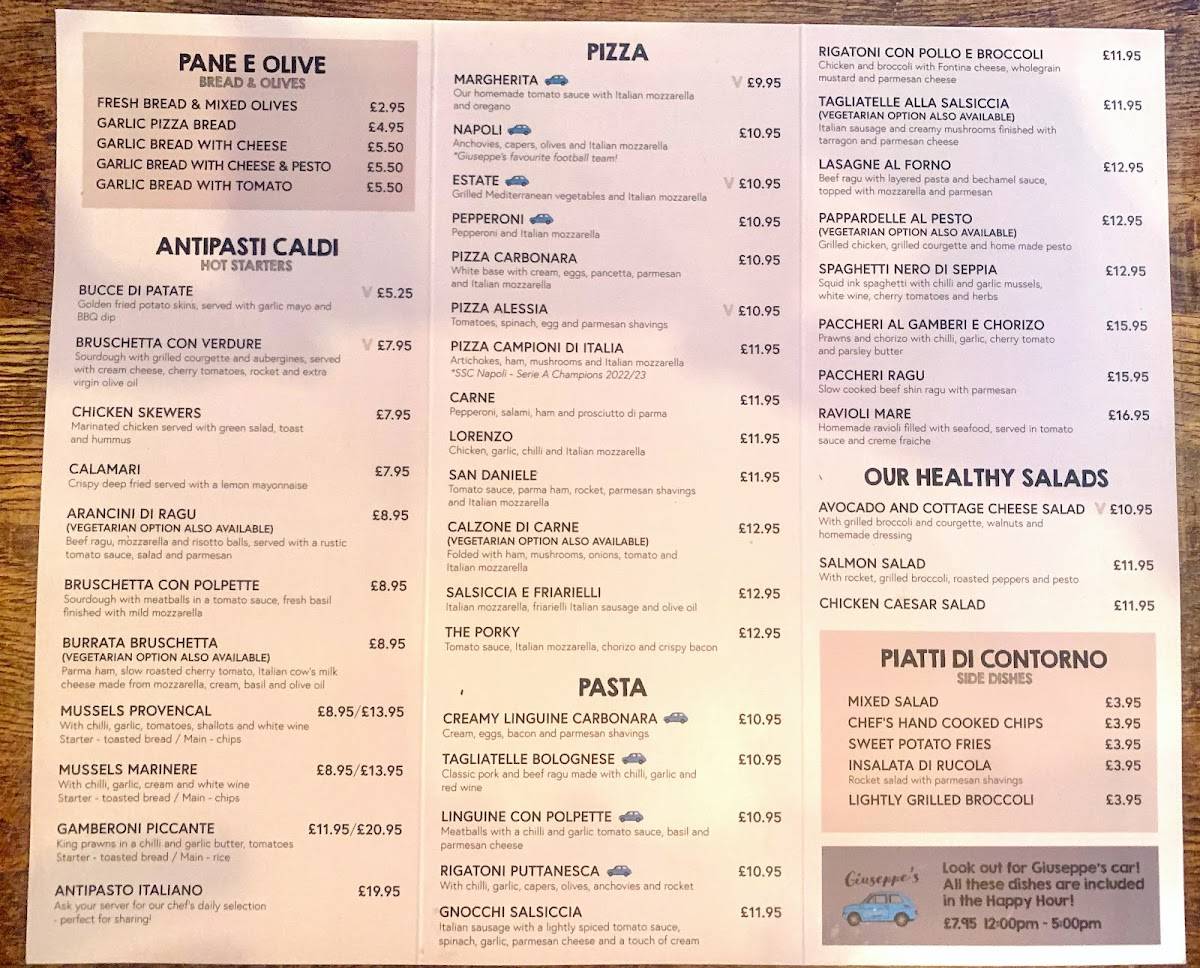Menu at Giuseppe's Italian Bistro restaurant, Gateshead