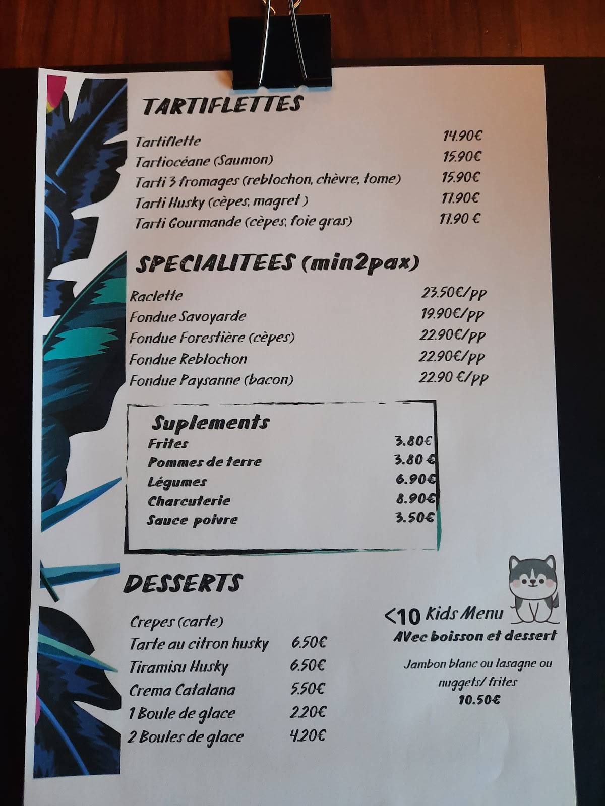 Menu au Restaurant HUSKY, Pas de la Casa