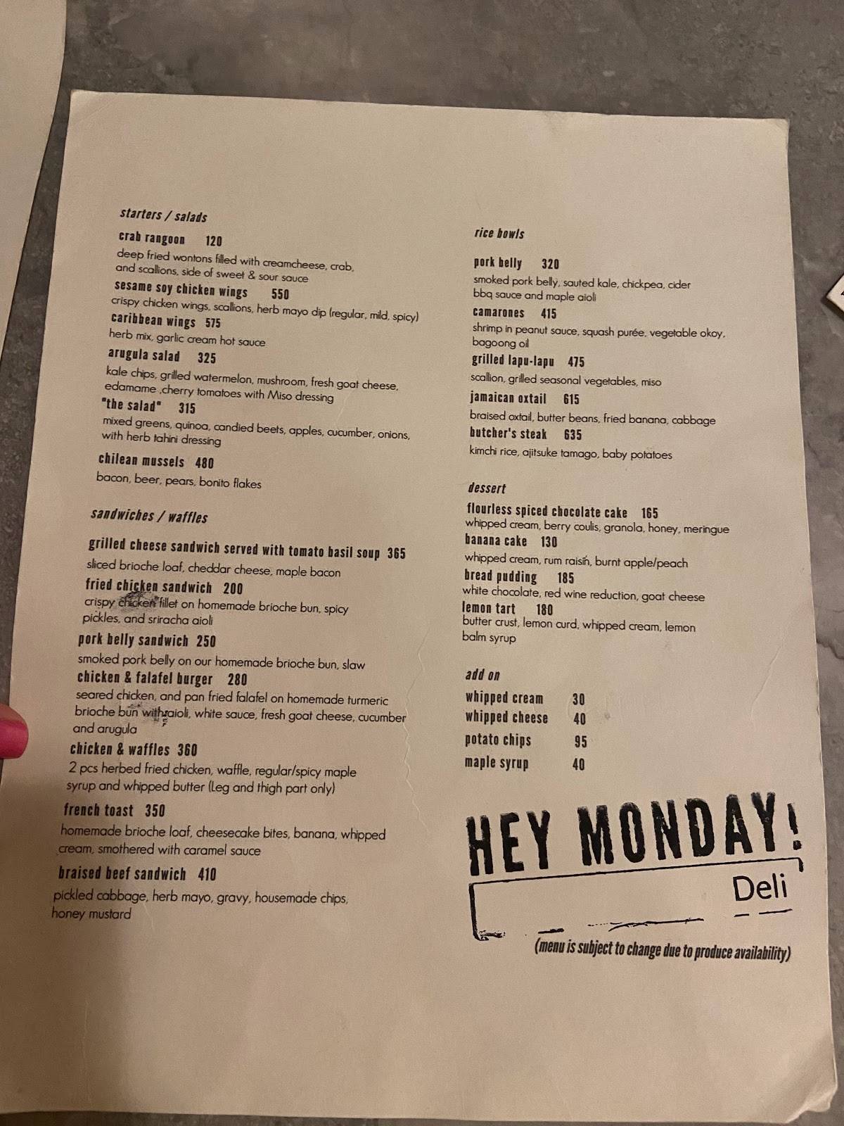 Menu at Hey Monday! Deli restaurant, Davao City