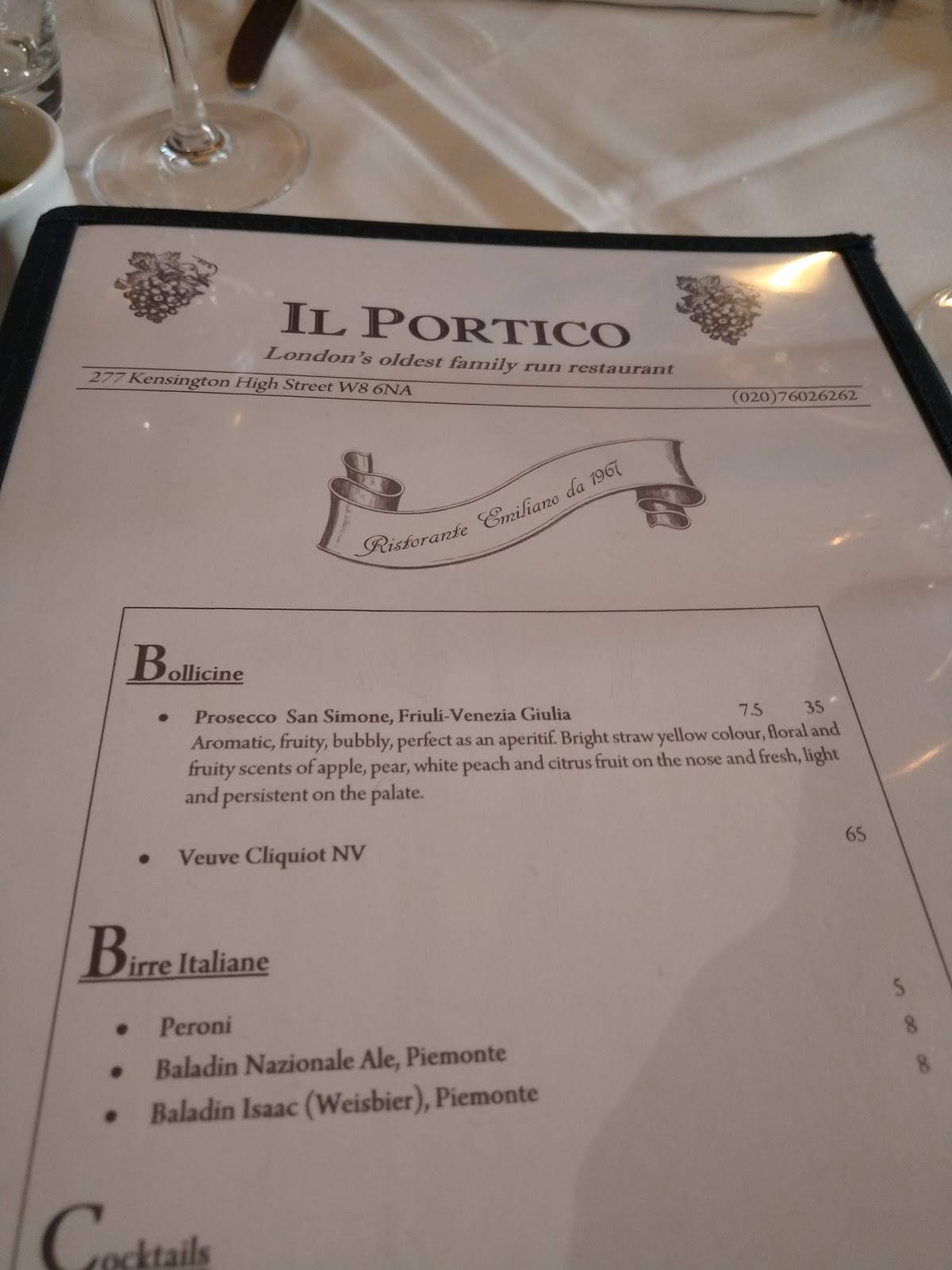 Menu at Il Portico restaurant, London