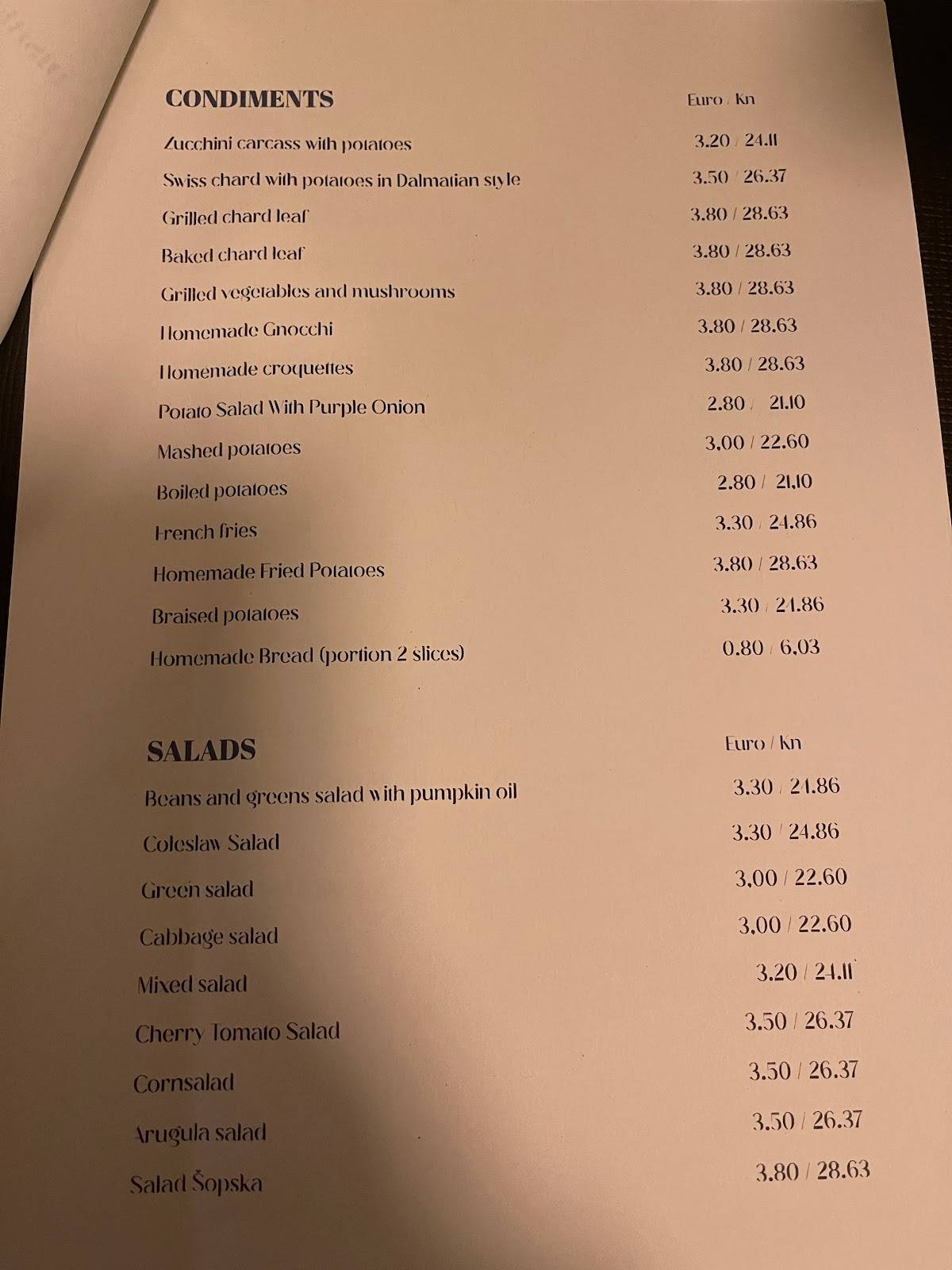 Menu at Restaurant Kaiser, Zagreb