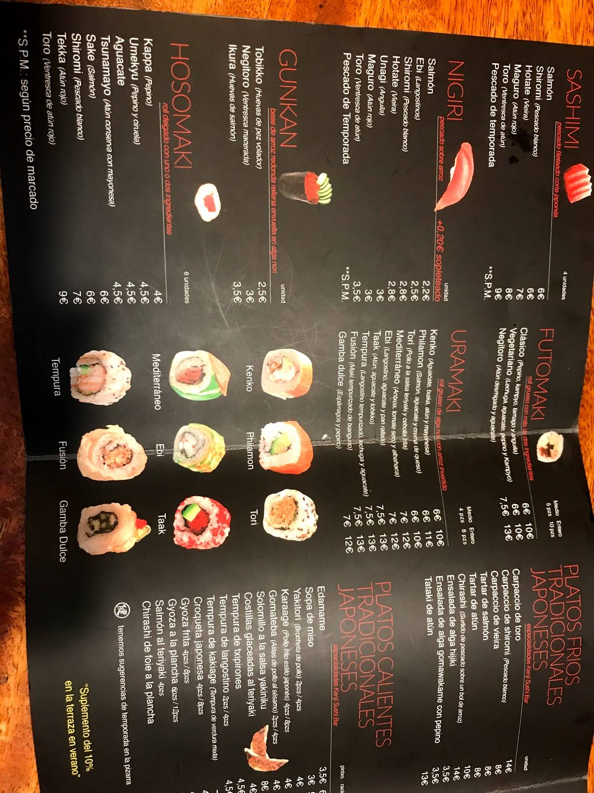 Carta de Kenji Sushi Bar, San Sebastián