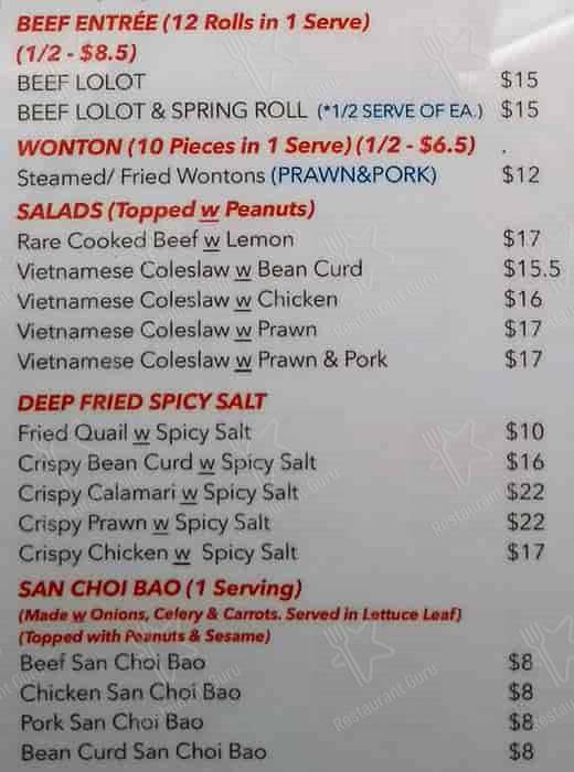 Menu at Lam Lam restaurant, Northcote