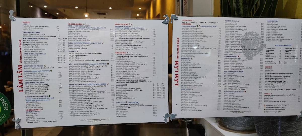 Menu at Lam Lam restaurant, Northcote