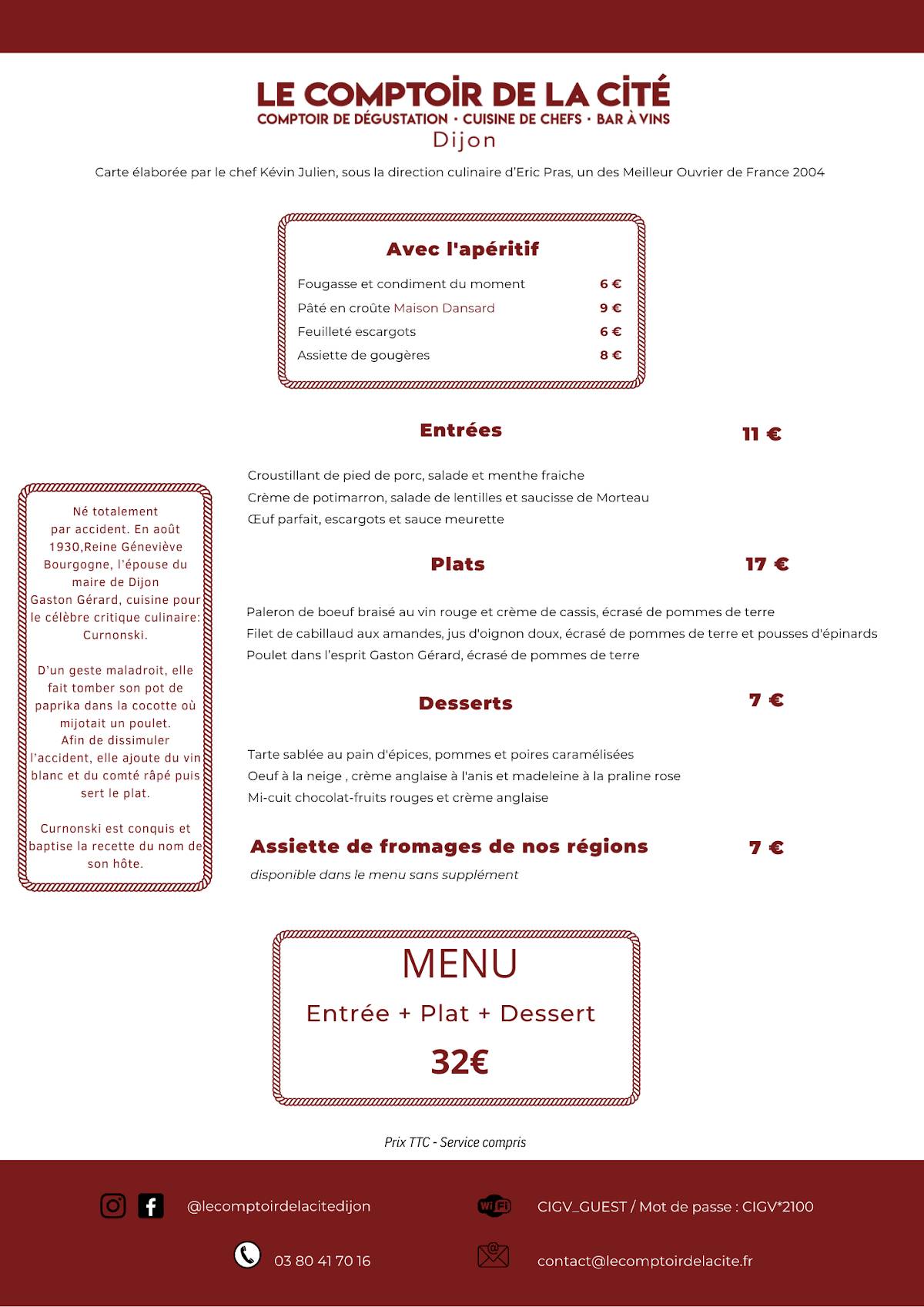 Menu au Le Comptoir De La Cité restaurant, Dijon, 12 Parvis De L'unesco