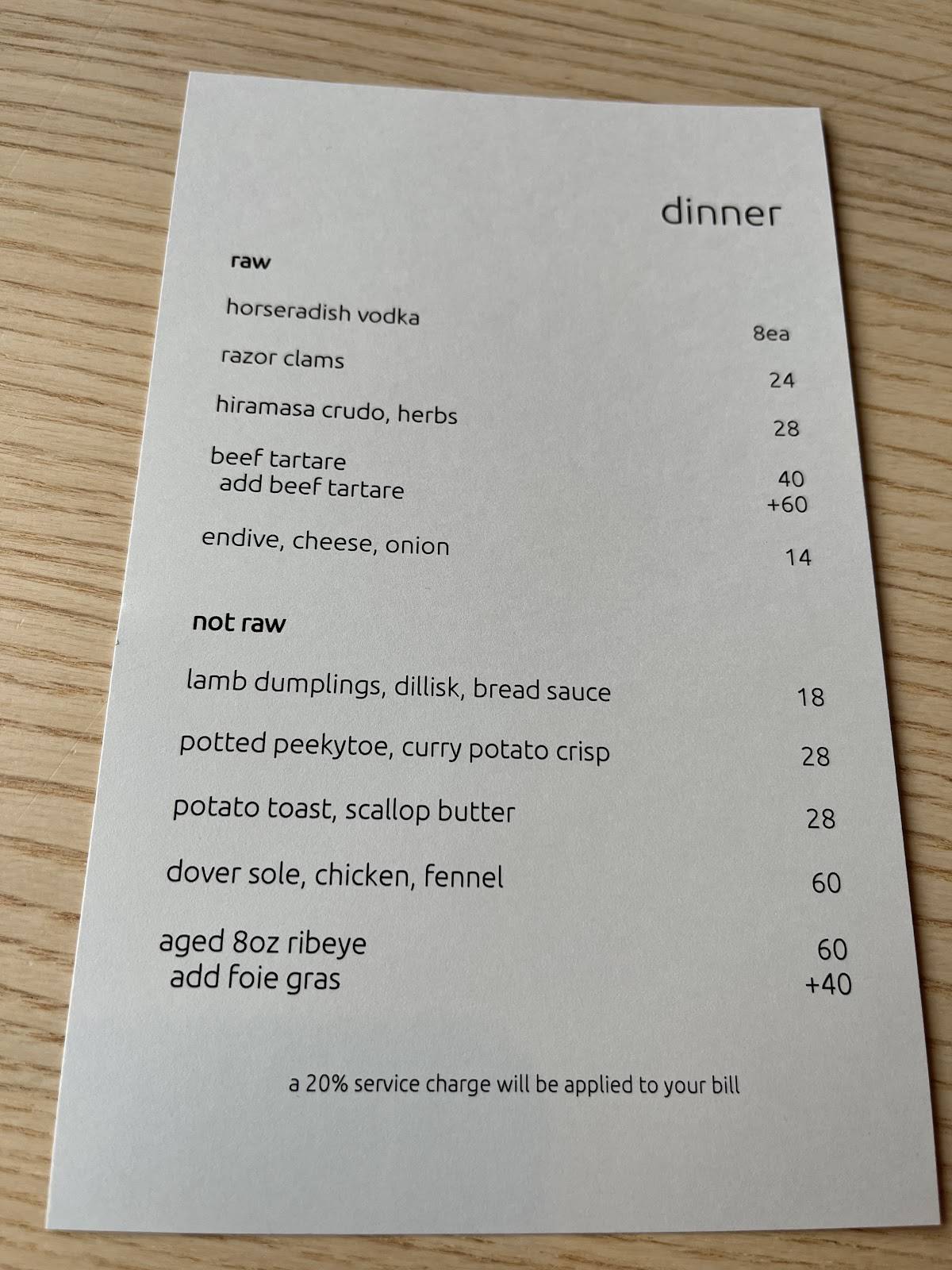 Menu at Locust restaurant, Nashville