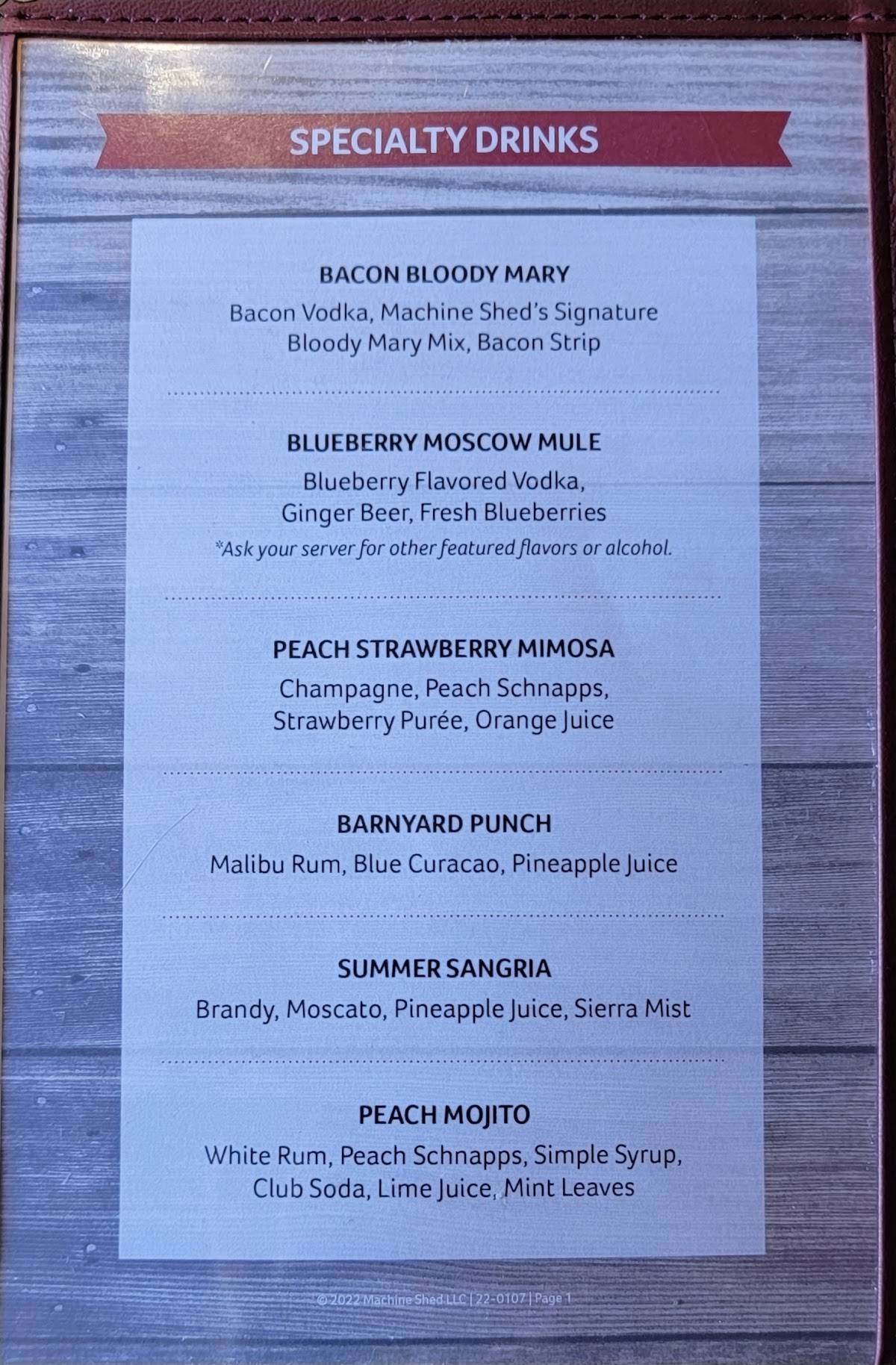 Menu at Machine Shed Restaurant Appleton, Appleton