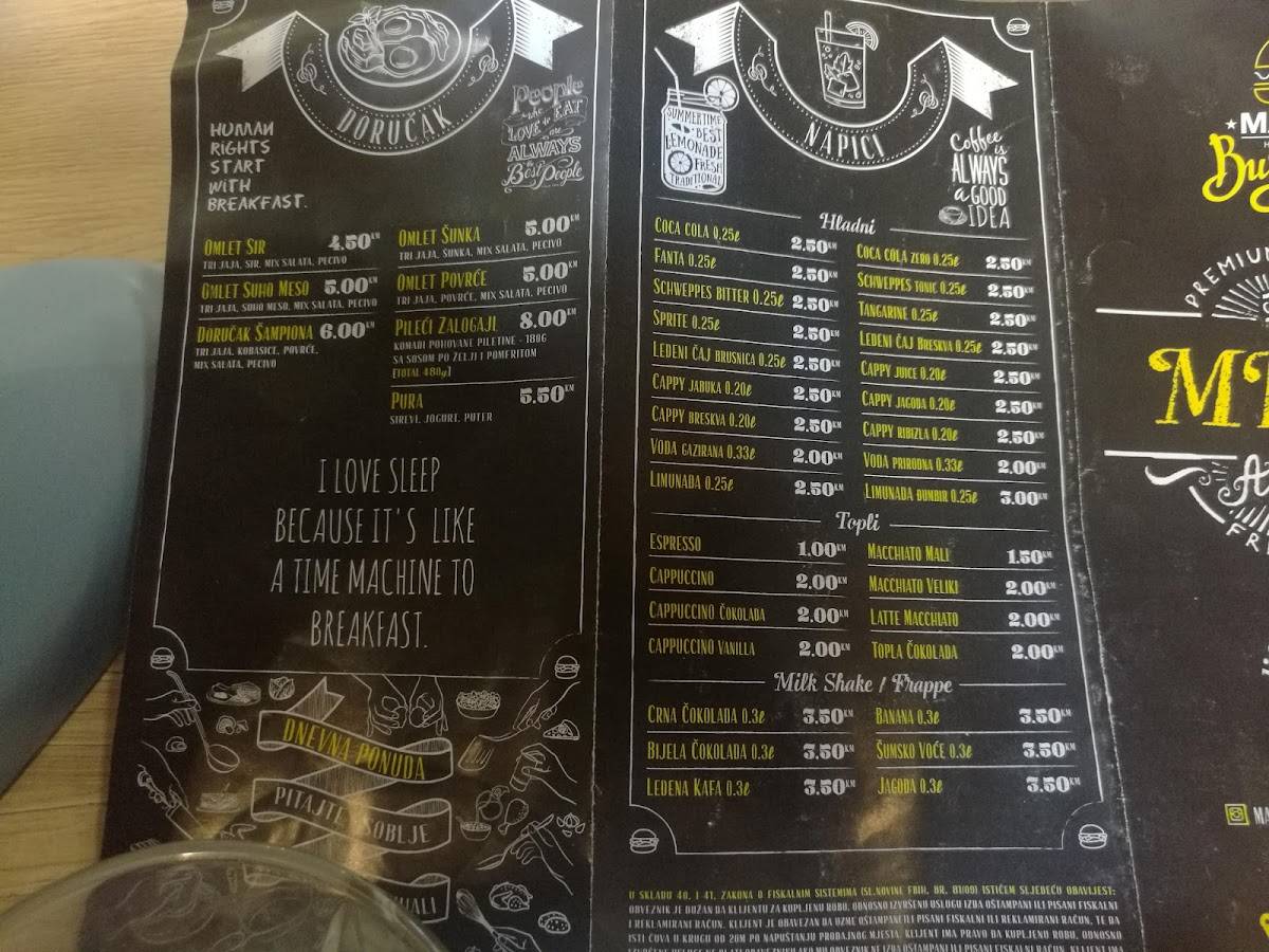 Menu at Mama Burgers SCC restaurant, Sarajevo