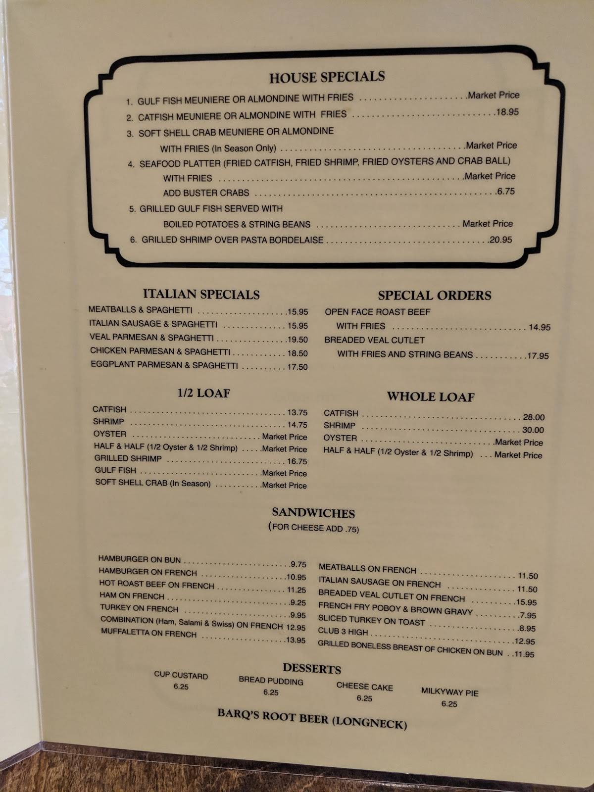 Menu at Mandina's Restaurant, New Orleans