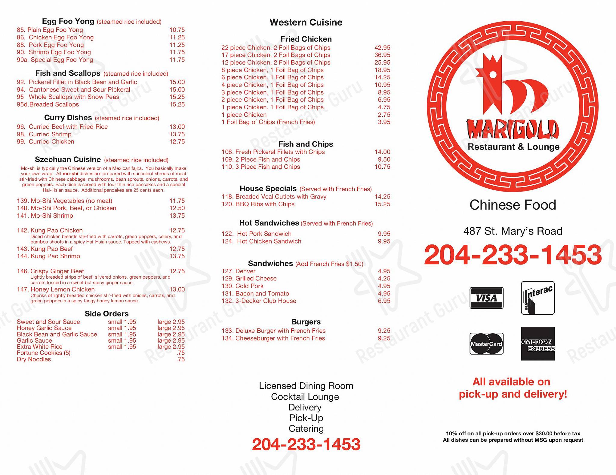 Menu at Marigold Restaurants, Winnipeg, 487 St Mary's Rd