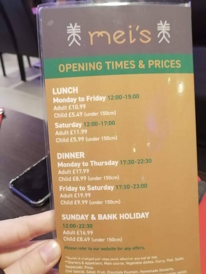 Menu at Mei's Restaurant, Taunton
