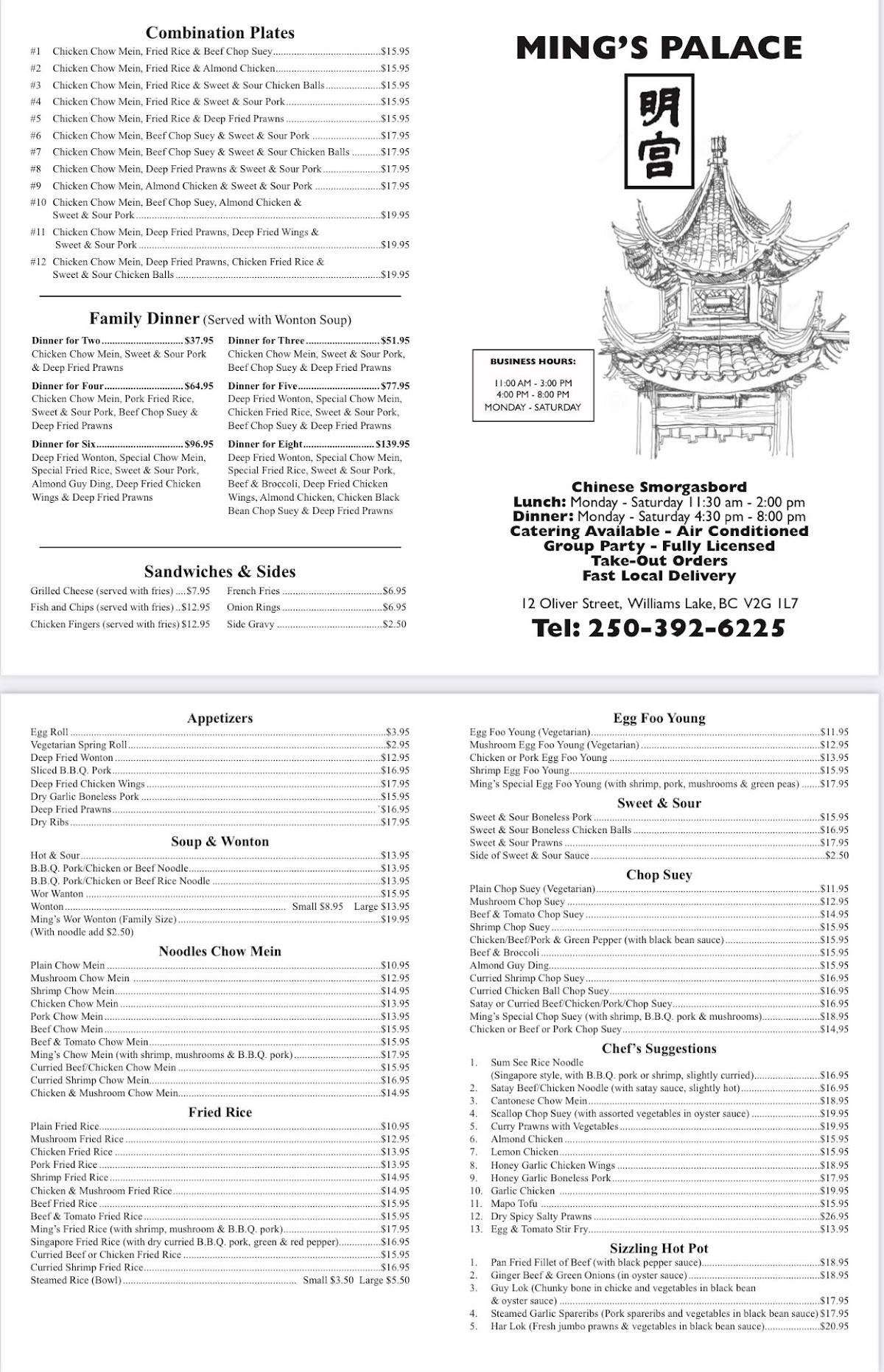 Menu at Mings Palace Restaurant, Williams Lake