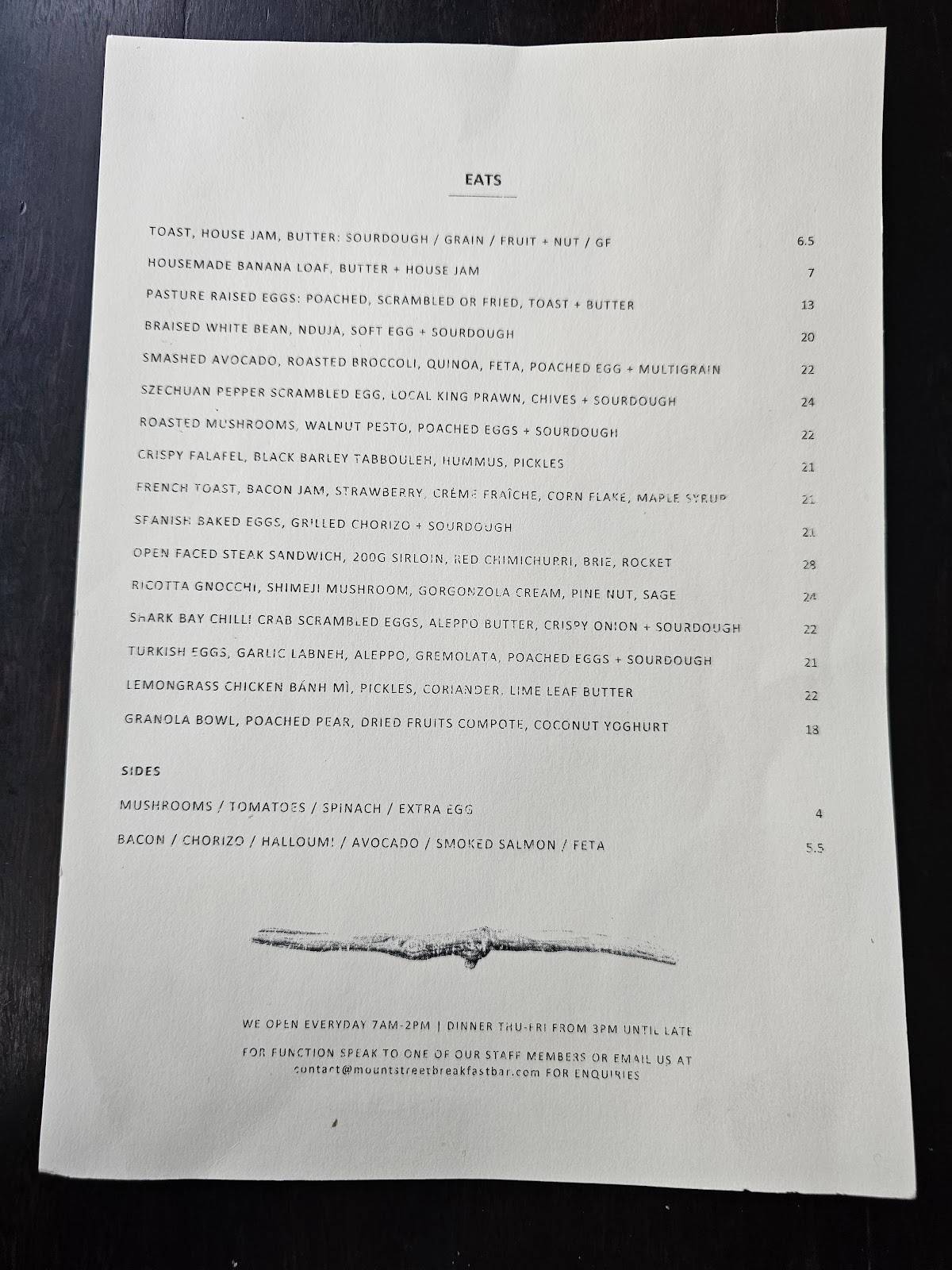 Menu at Mount Street Breakfast Bar, West Perth