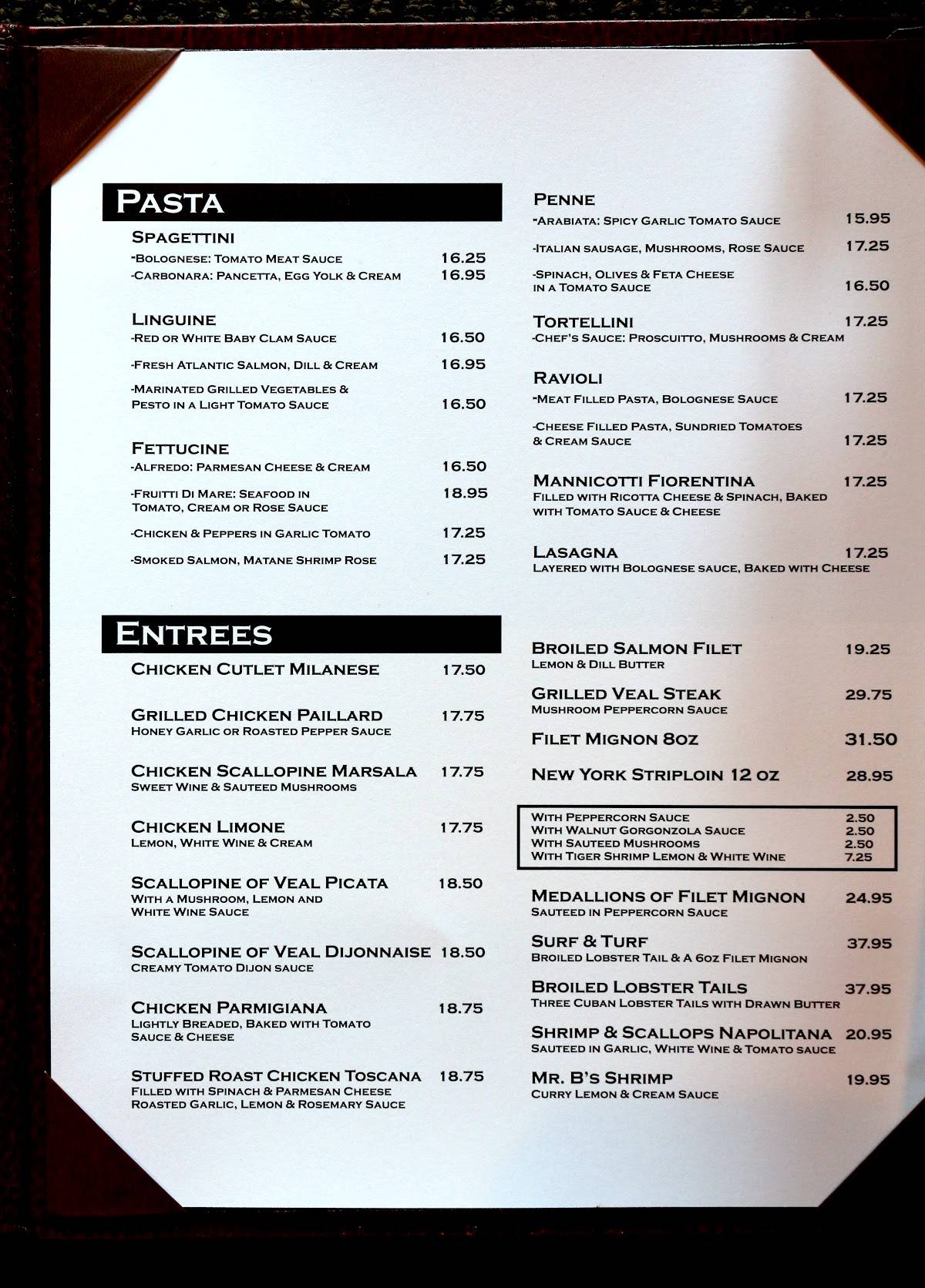 Menu at Mr. B's Osteria restaurant, Ottawa