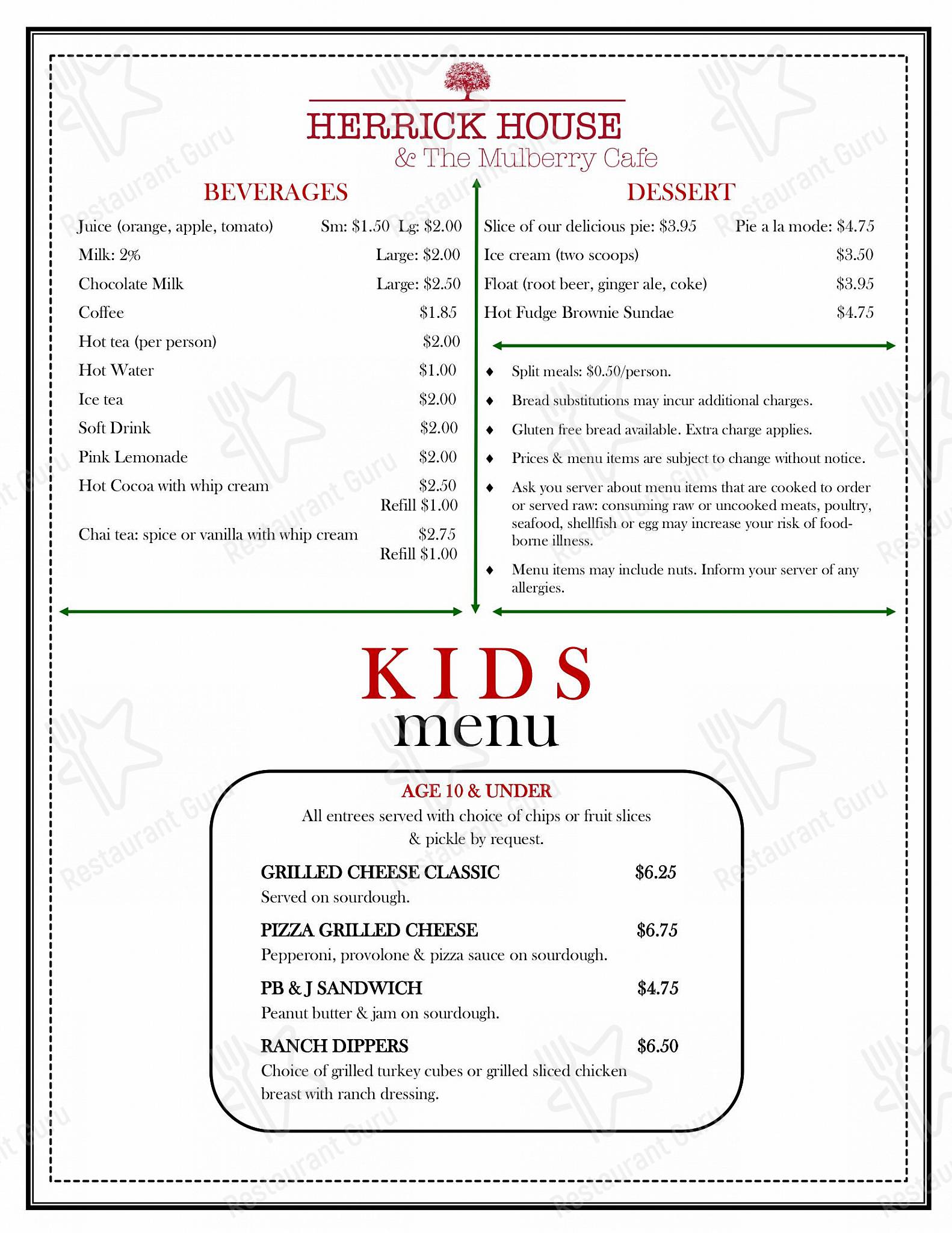 Menu at Herrick House and The Mulberry Cafe, Clare