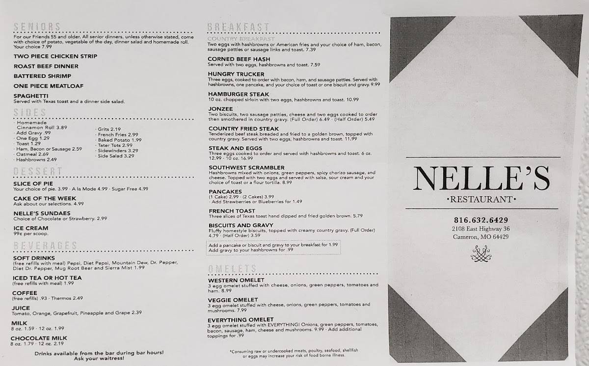 Menu at Nelle's Restaurant, Cameron