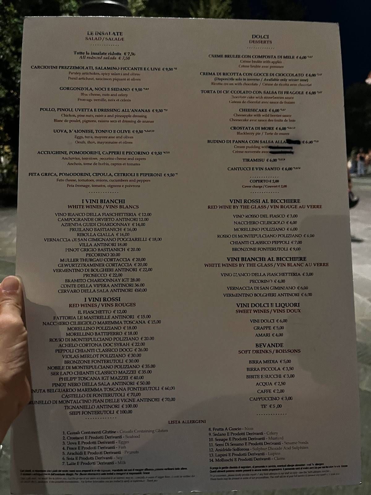 Menu at Osteria Santo Spirito restaurant, Florence, Piazza Santo Spirito