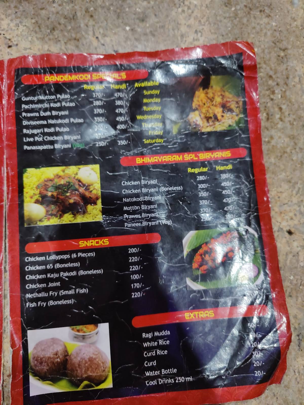 Menu at Pandem kodi Restaurant, Hyderabad, 8-3-167