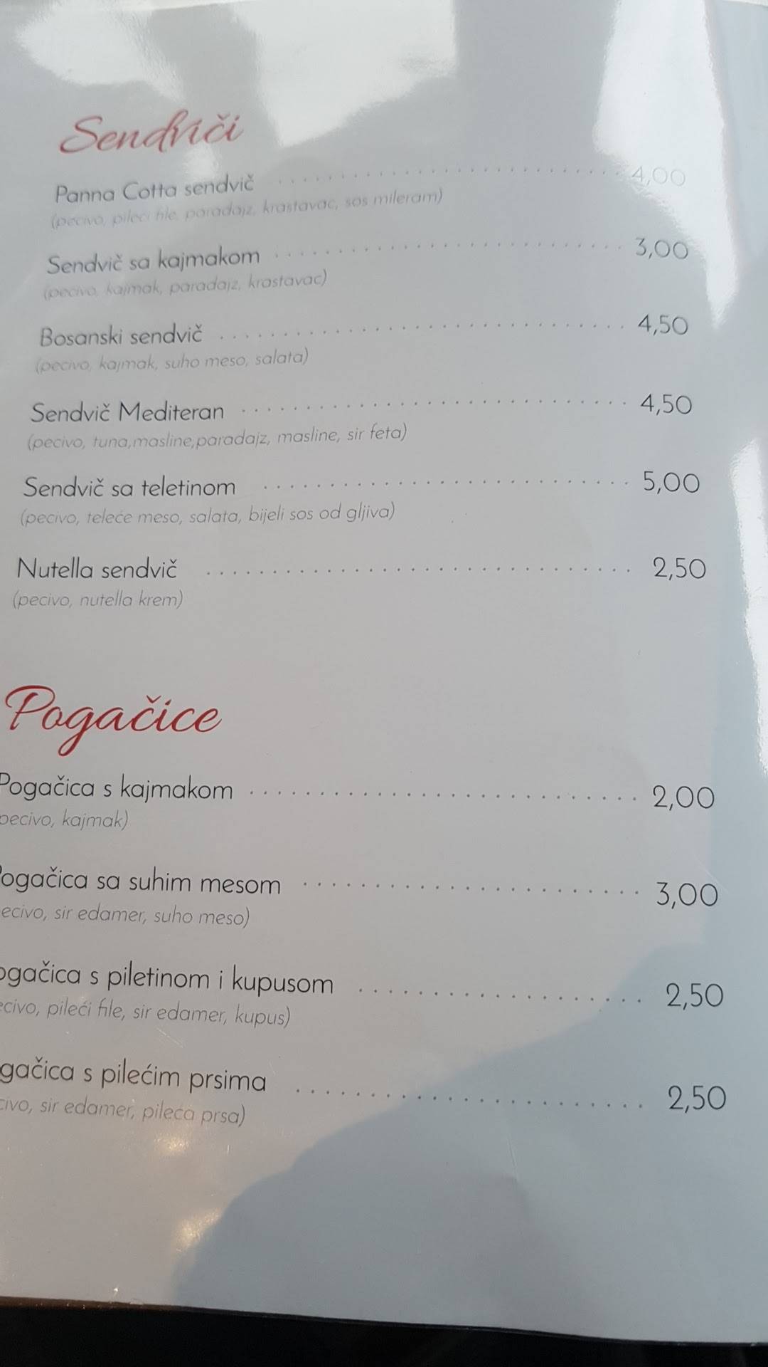 Menu at Panna Cotta restaurant, Ilidža, R8J4+5GH