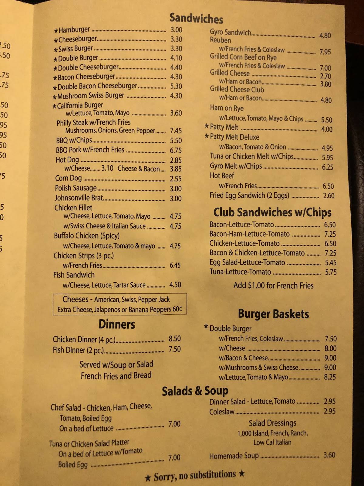 Menu at Park Inn restaurant, Racine