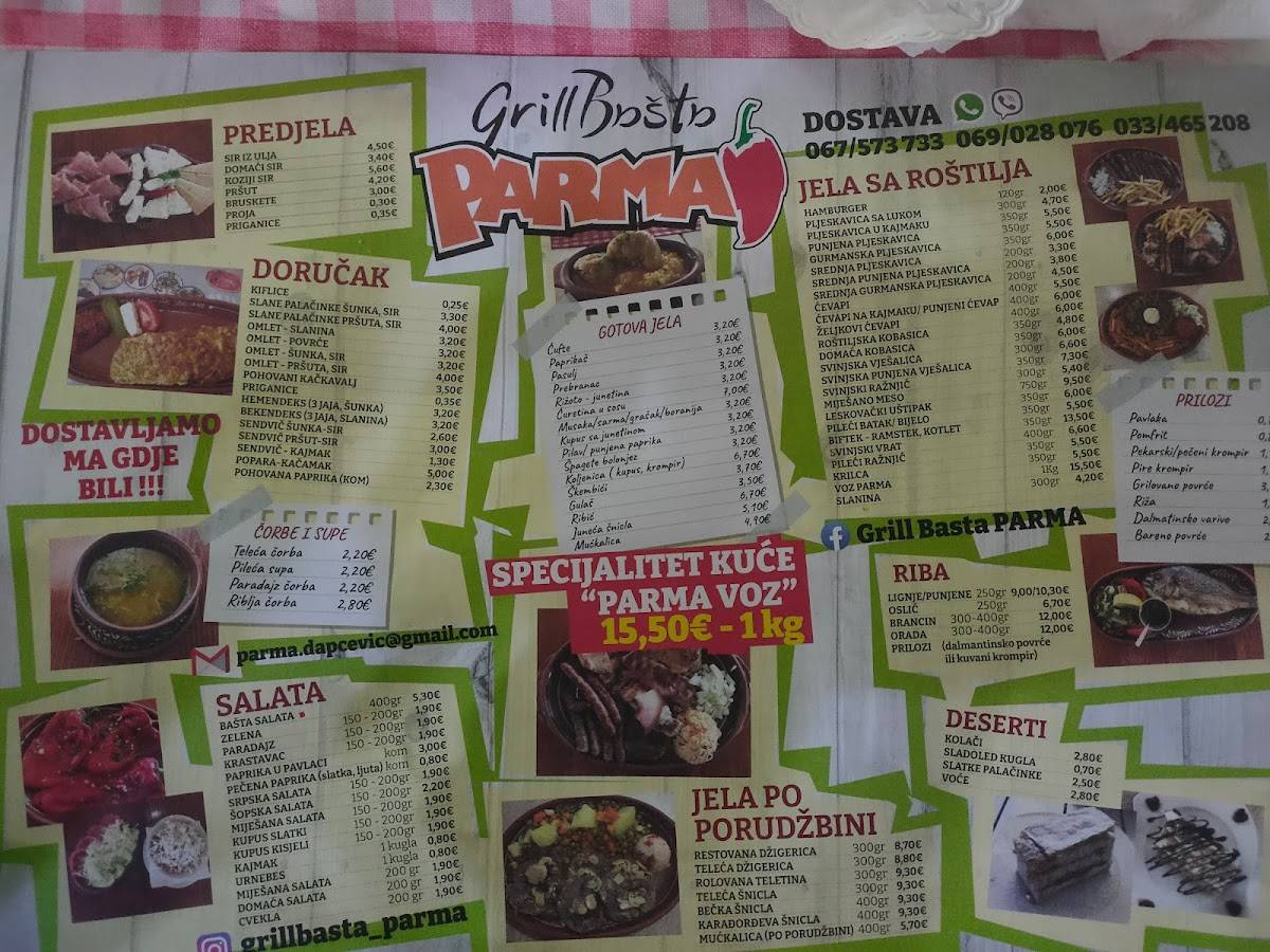 Menu at Parma restaurant, Budva, 7RVV+PJR