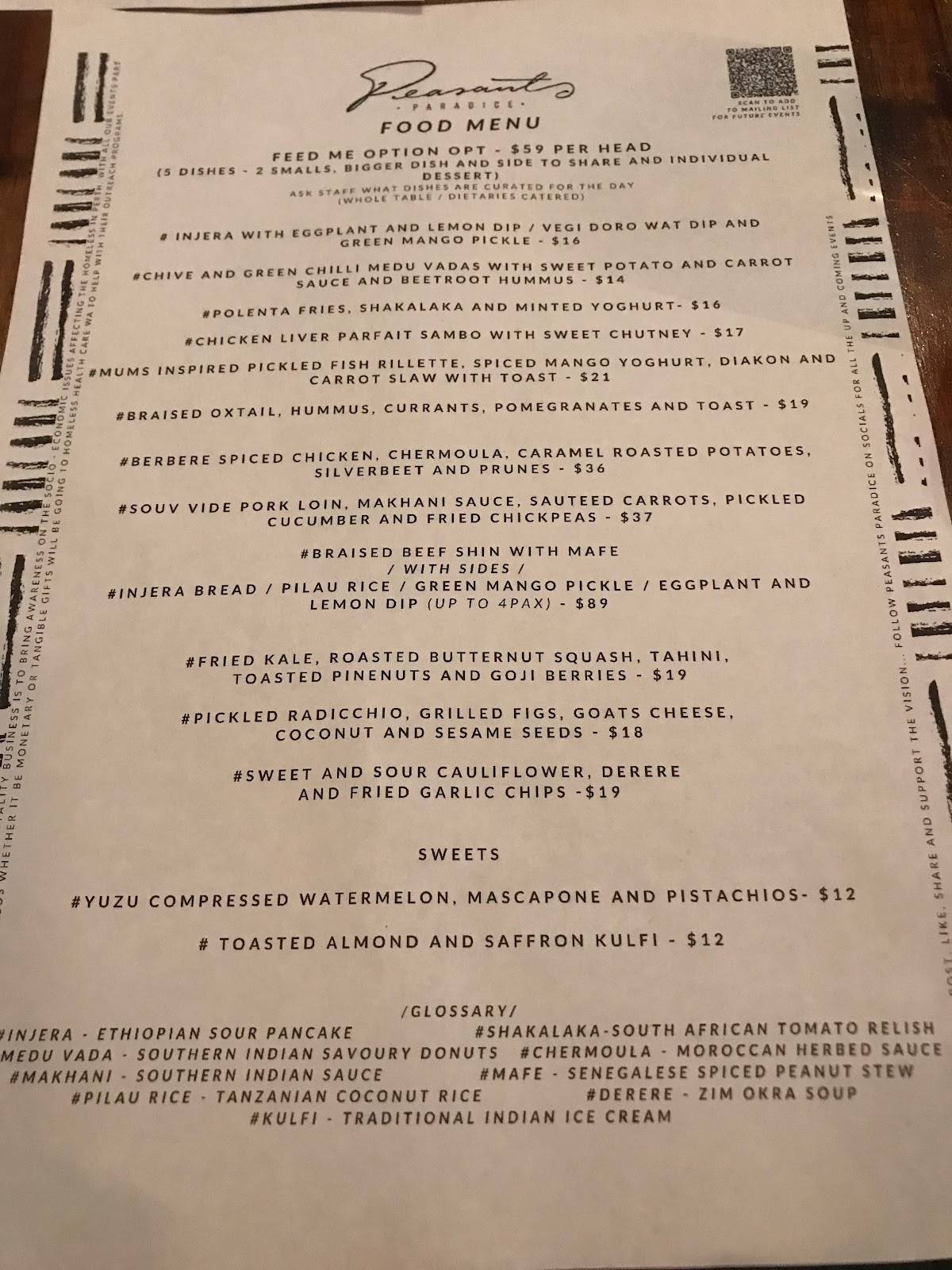 Menu at Peasants Paradice restaurant, Perth