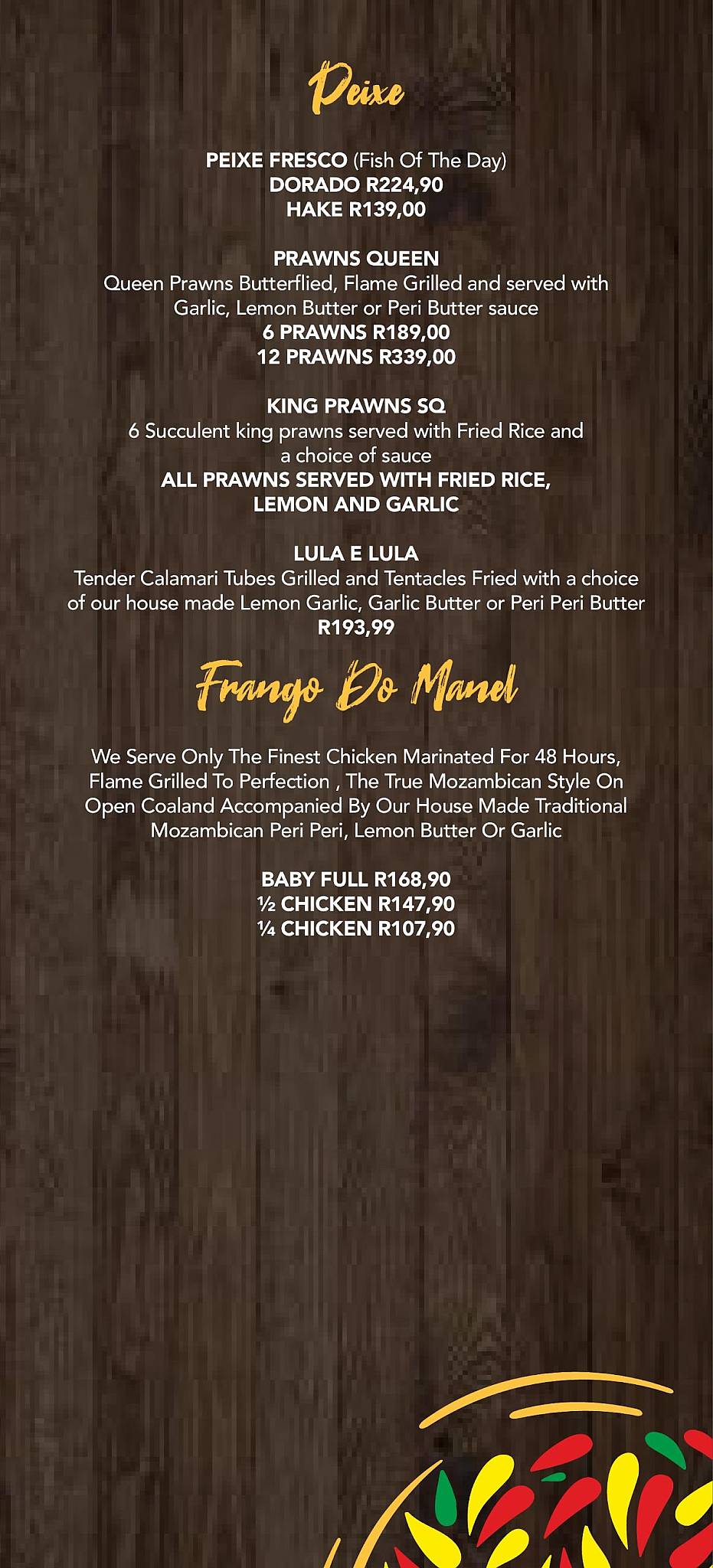 Menu at Pemba Mozambican Restaurant, Hartbeespoort