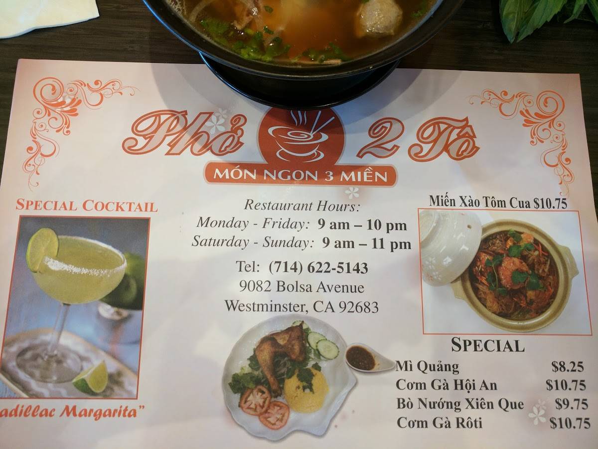 Menu at Phở 2 Tô restaurant, Westminster, Bolsa Ave
