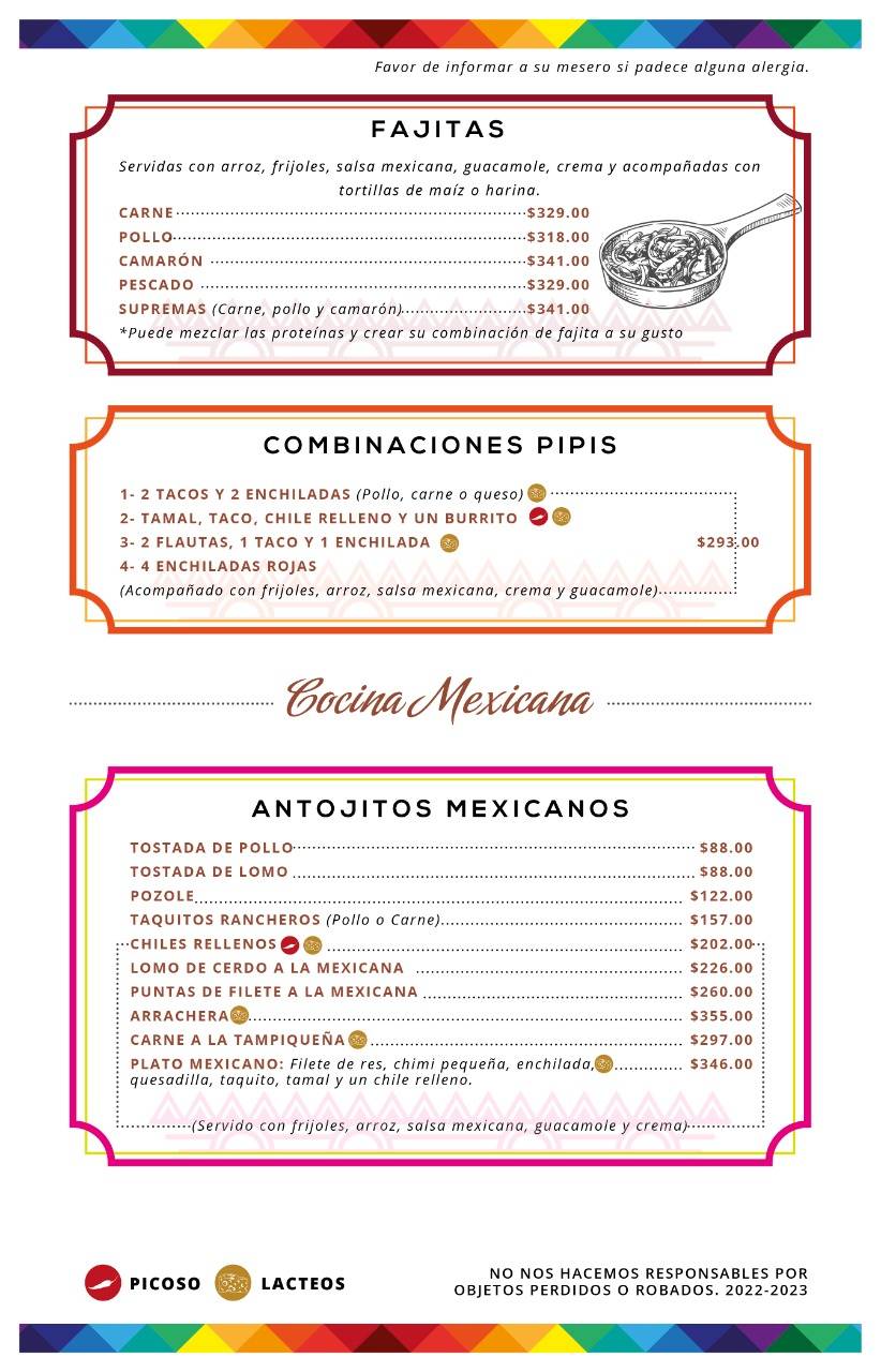 Menu at Pipis restaurant, Puerto Vallarta