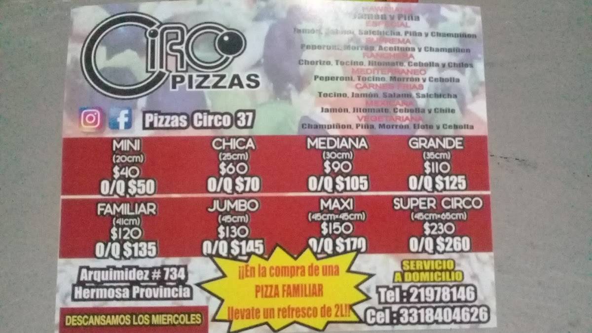 Menu at Pizzas Circo restaurant, Guadalajara