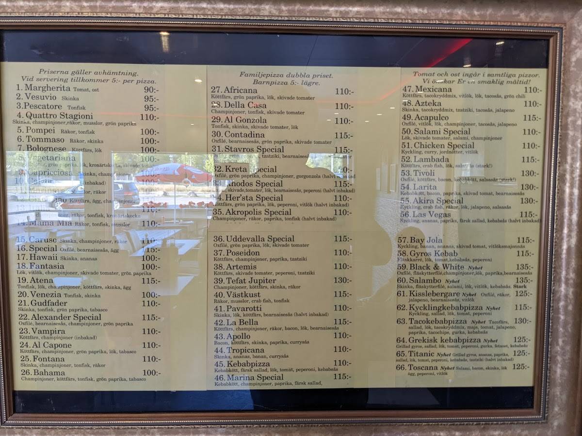 Menu at Pizzeria Alexander, Uddevalla, Lingatan 8