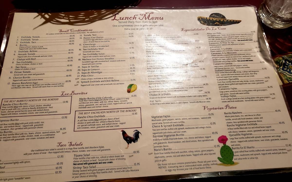 Menu at Rancho Chico restaurant, Colville