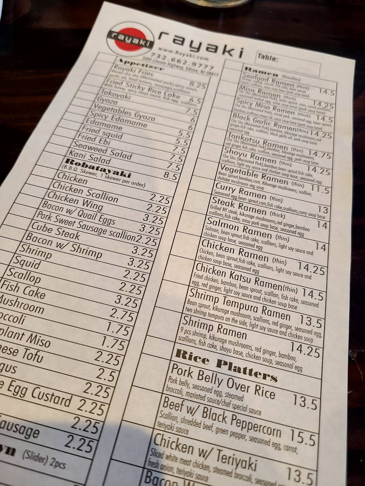 Menu at Rayaki Ramen Edison restaurant, Edison