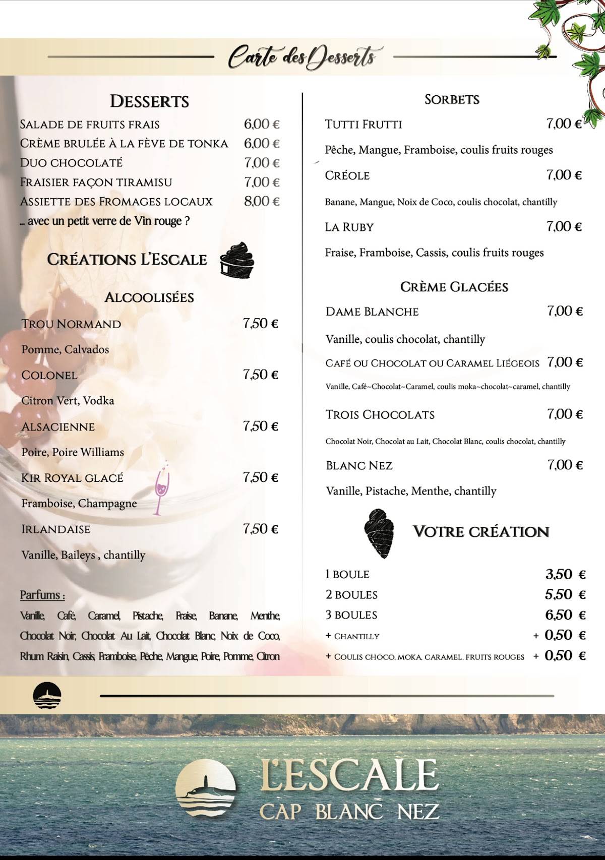 Menu au Restaurant Bar l'Escale, Escalles