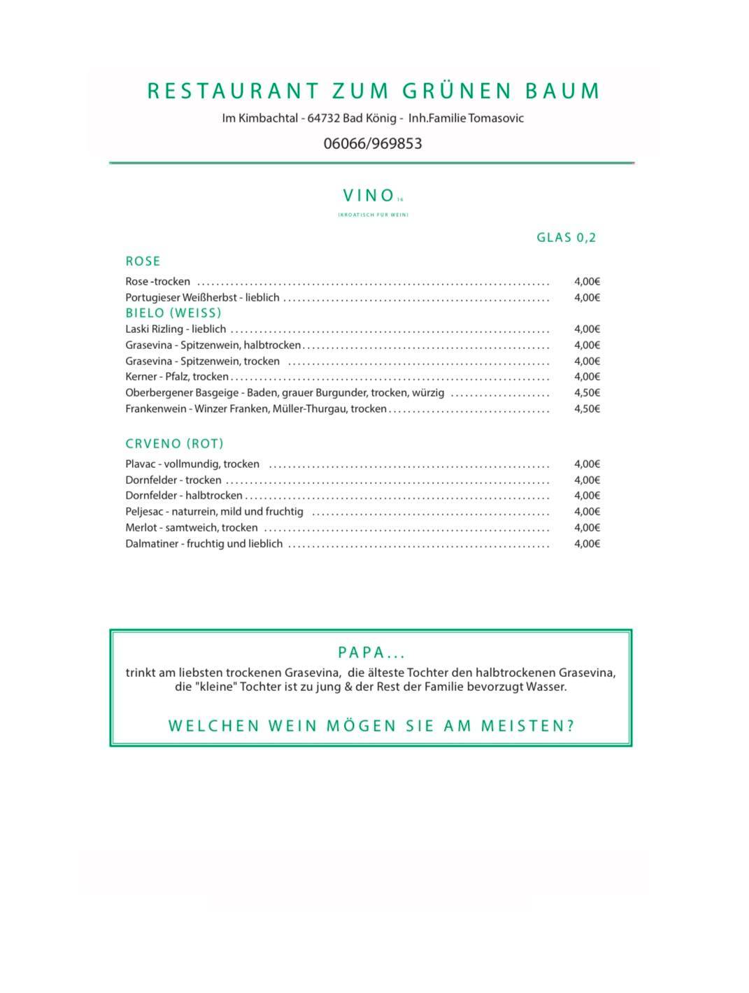 Speisekarte von Grüner Baum restaurant, Bad König, Im Kimbachtal 40