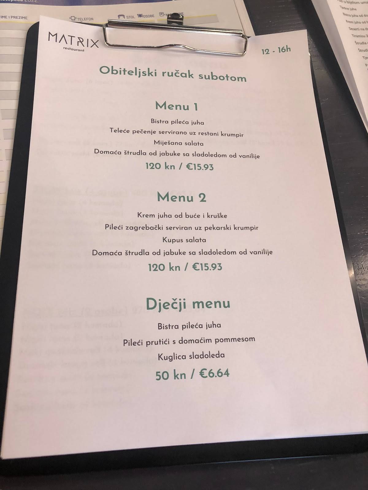Menu da Restoran Matrix ristorante, Zagabria