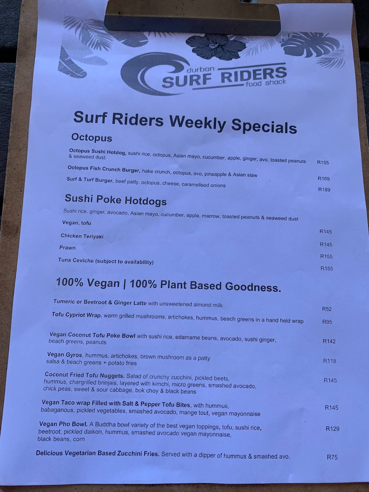 Menu at SURF RIDERS SOUTH BEACH @ BEACHFRONT restaurant, Durban